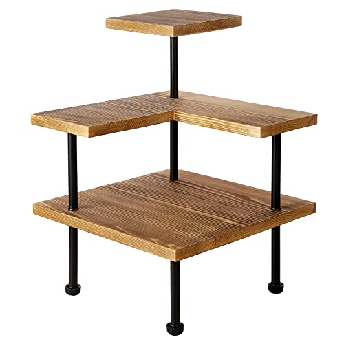 MyGift 3 Tier Rustic Burnt Wood Kitchen Countertop Corner Shelf, Counter Spice and Condiment Storage Display Rack, with Black Industrial Metal Pipe Legs