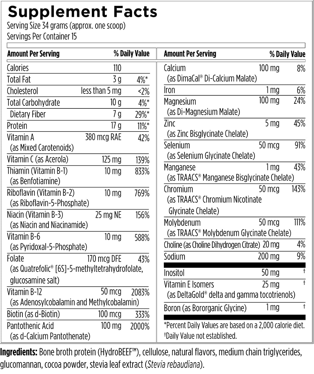 Designs for Health Pure PaleoMeal - Bone Broth Protein Powder with 17g Protein, Meal Replacement Shake Dietary Supplement with Active Folate + Chelated Minerals, Chocolate (15 Servings / 510g)
