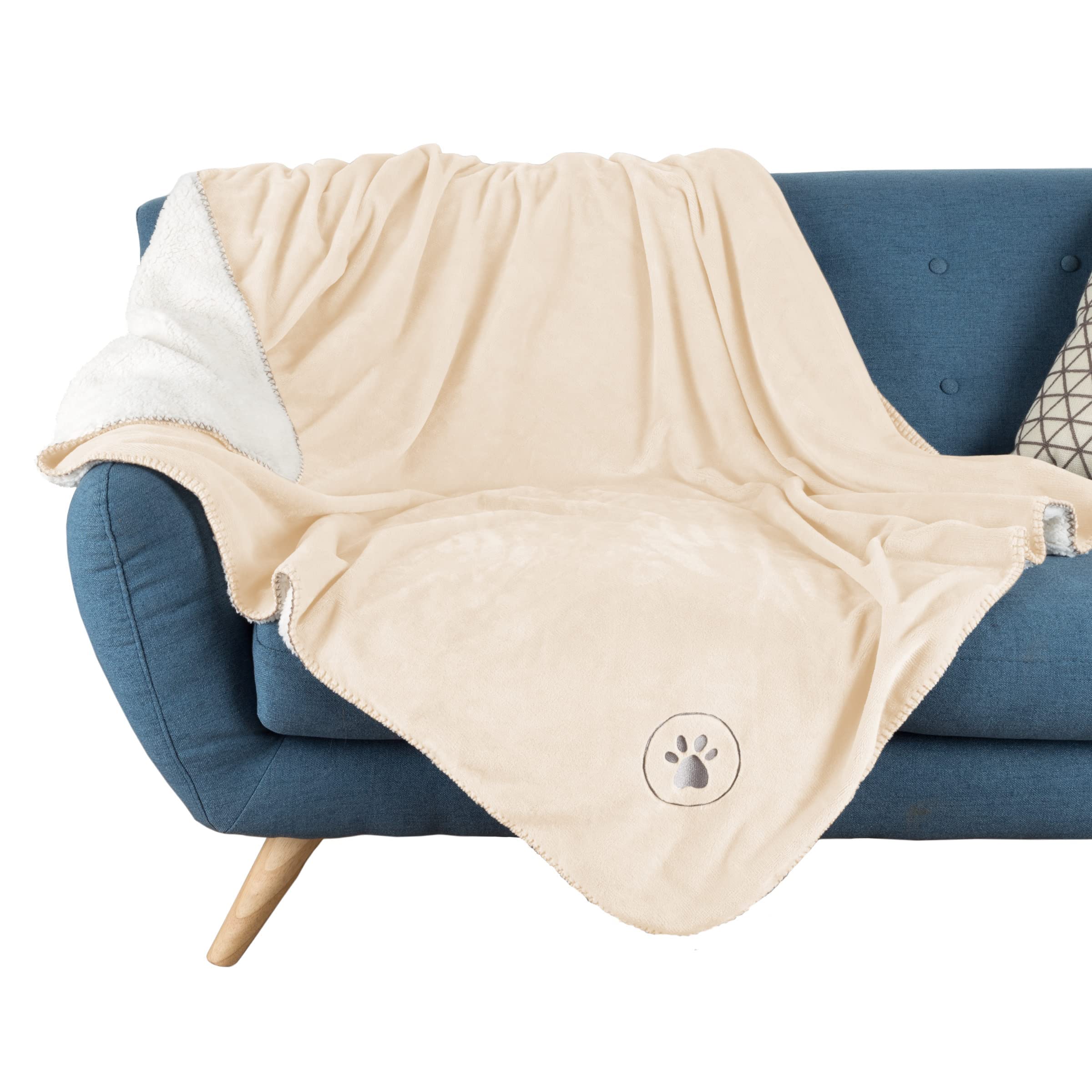 PETMAKER Waterproof Pet Blanket - 50x60-Inch Reversible Sherpa Fleece Throw Protects Couches, Cars, and Beds from Spills, Stains, and Fur (Cream)