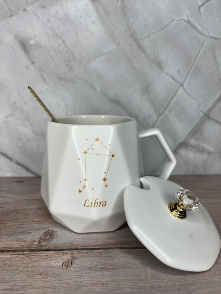 RedRoko Zodiac Sign Star Self Heating Coffee Mug - Astrology Coffee Mugs, Constellation, Astrology Zodiac Signs, Coffee Warmer Mug, Ceramic Coffee Mug with Hot Plate, Spoon & Lid - Libra - White