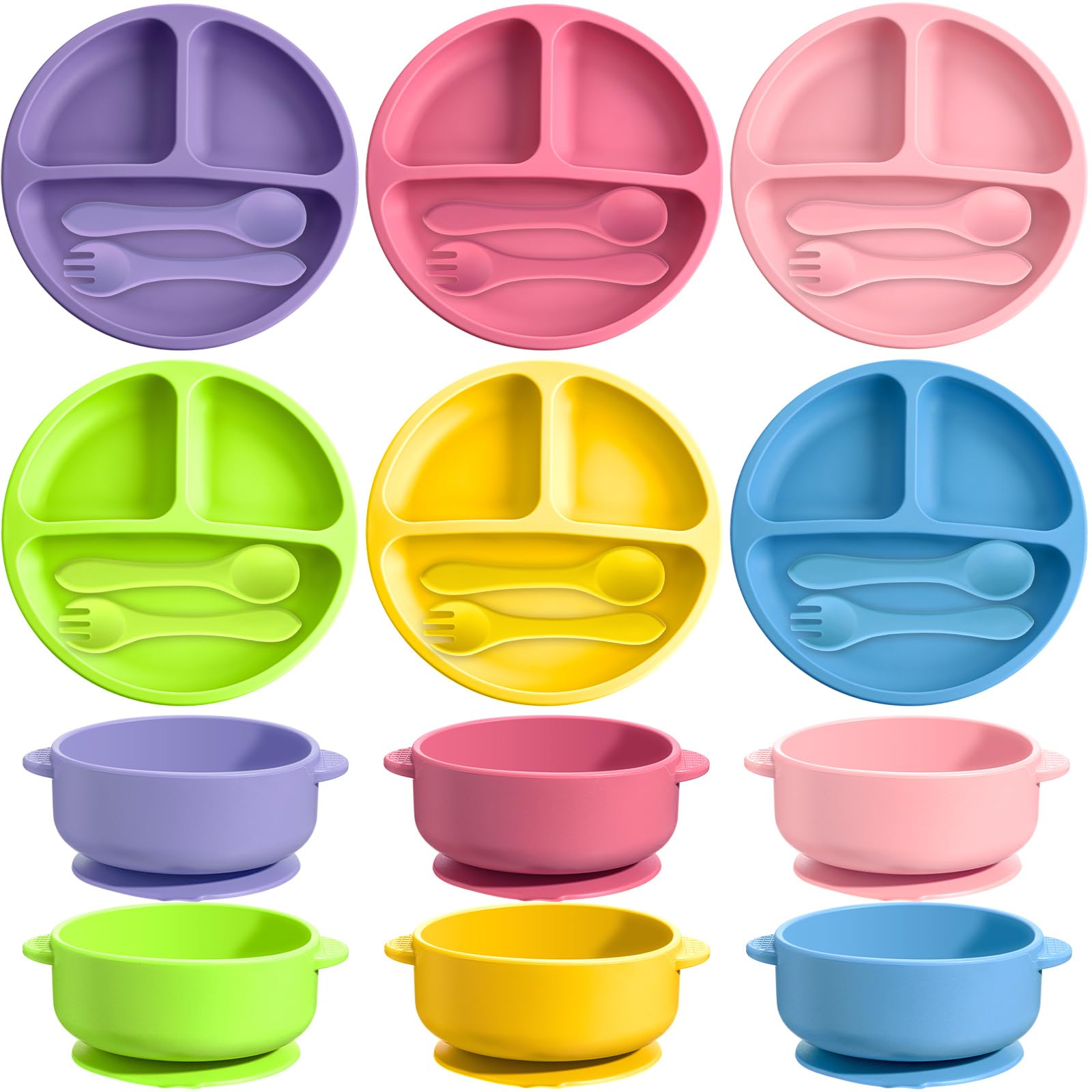 Dandat 24 Pcs Silicone Baby Feeding Set, 6 Baby Toddler Suction Bowls 6 Divided Suction Plates with 6 Forks 6 Spoons, Baby Utensils Set for Weaning Infant Feeding and Eating, 6 Styles (Bright Color)