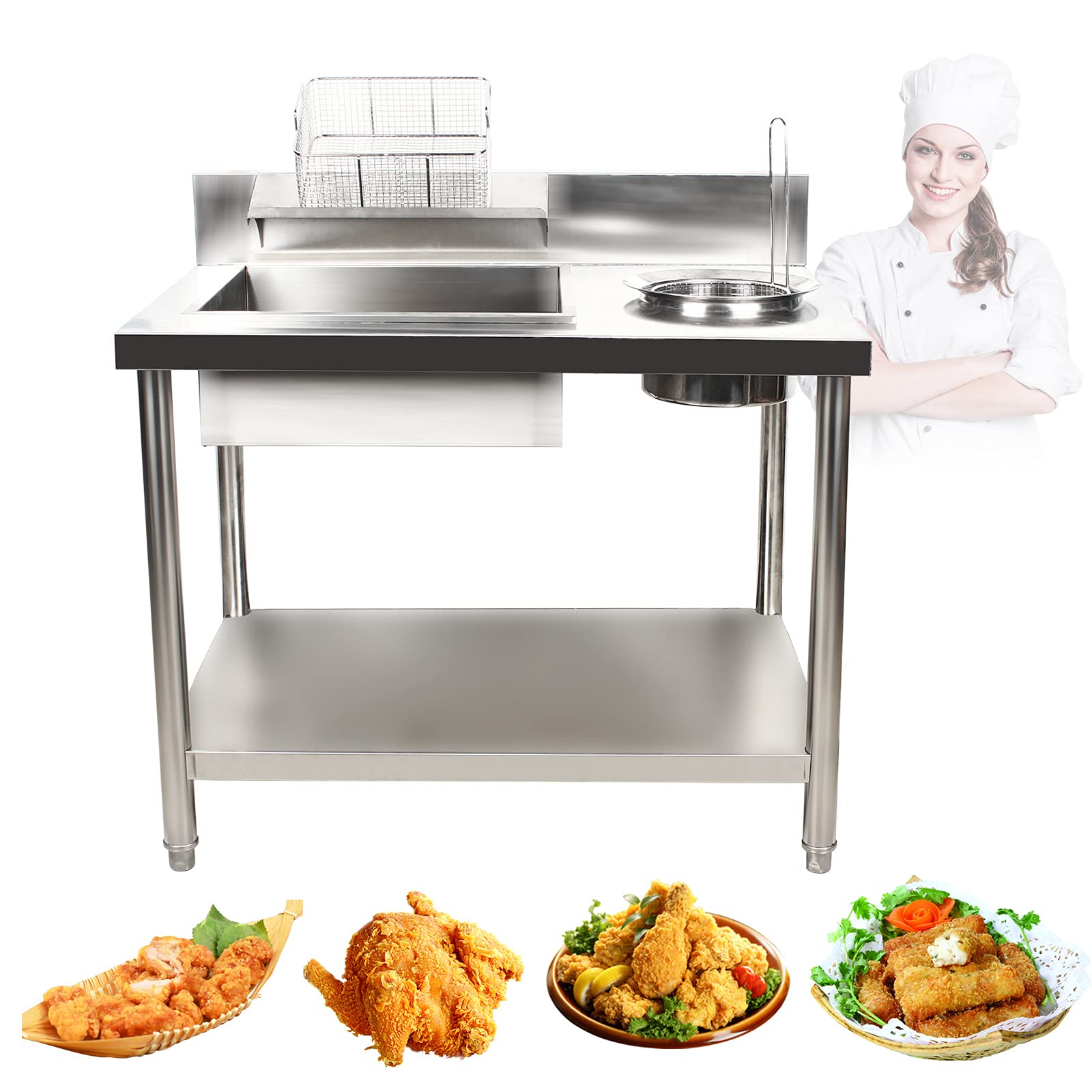 Knwigoe Breading Table Chicken Chop Breading Station Commercial Fried Food Prep Table Stainless Steel Heavy Duty Breader for Milk Tea Coffee Snack Bars (With 2 Basin &2 Basket)