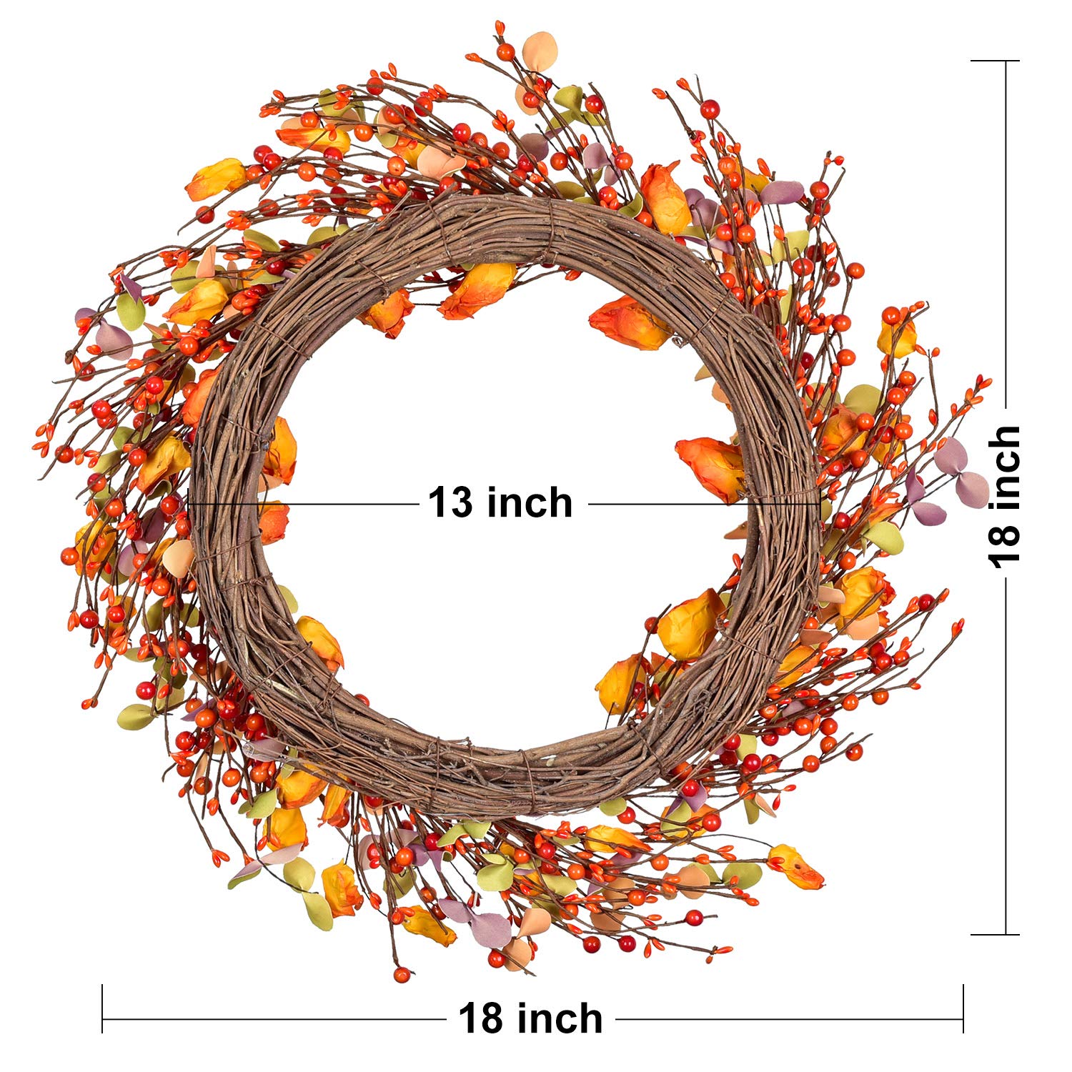 DearHouse Artificial Fall Wreath Red Berry Wreath,Clearance 18 inch Fall Maple Leaf Wreath for Front Door Fall Decorations