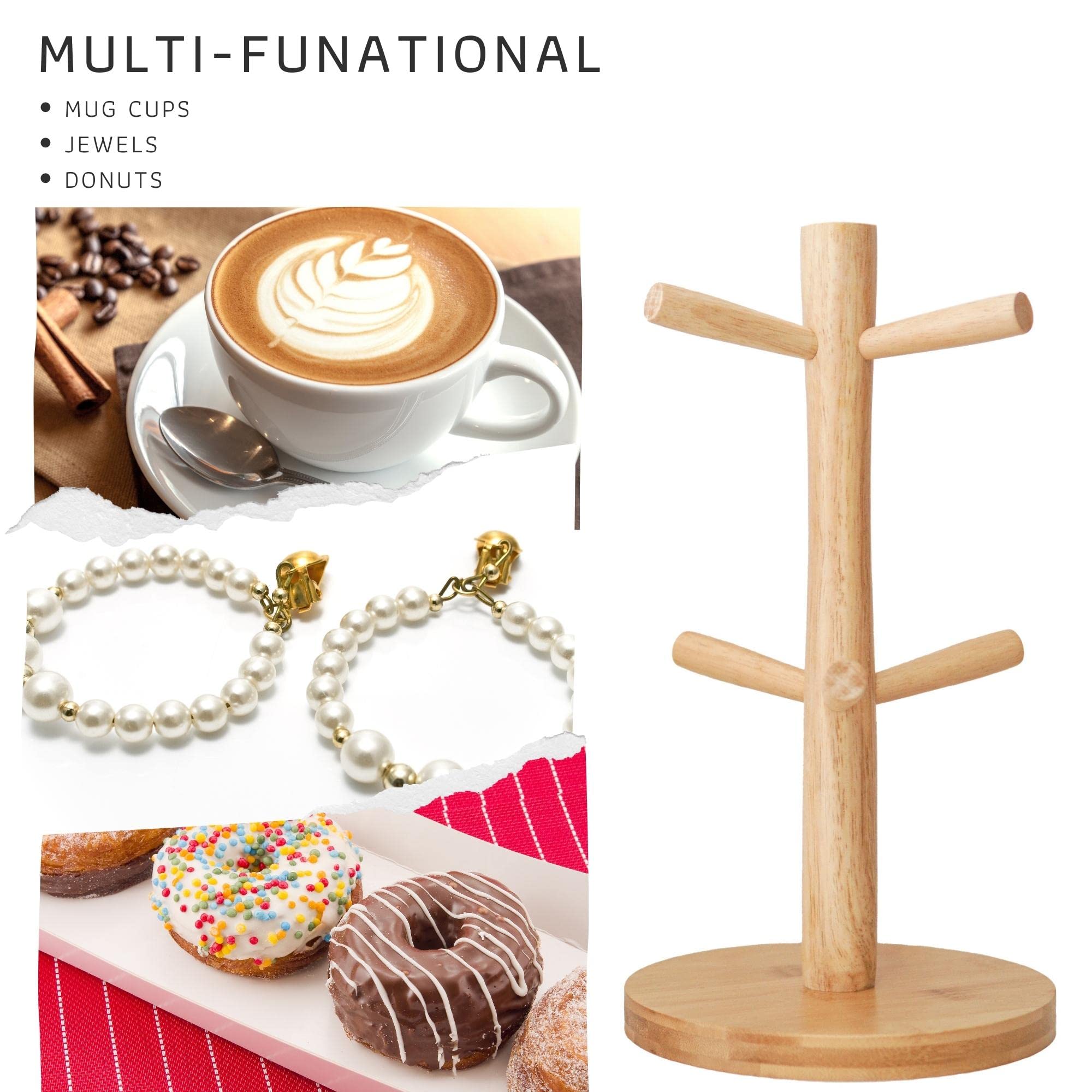E-ROOM TREND Mug Holder 1 Pack Dia 6.7" Large Thicken Base Steady Wood Coffee Cup Rack with 6 Hooks Stand for Countertop Coffee Bar Accessories and Decor Coffee Organizer Station(MH171)