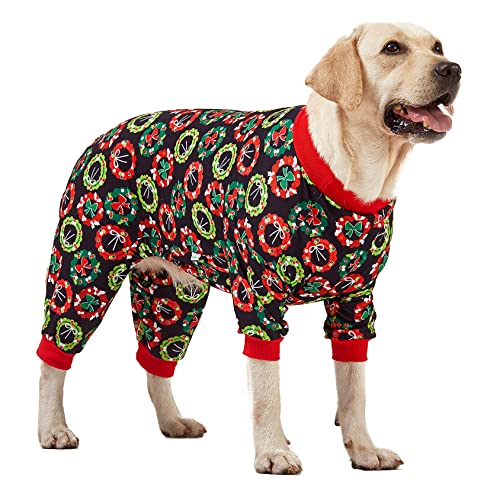 LovinPet Dog Christmas PJS Large Size Dog: Long Sleeve Shirt for Dog, Holiday Dog Costume, Lightweight Pullover Joy Holiday Wreaths Black Prints Large Dog PJ's Pitbull Clothes Christmas Outfit Large