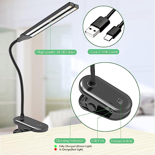 deaunbr LED Reading Light with Clip, Desk Lamp 48 LEDs 2600mAh Battery USB Rechargeable Book Lights Stepless Adjustable Brightness Eye Protection Table Lamps for Bed Headboard, Home, Office - Black
