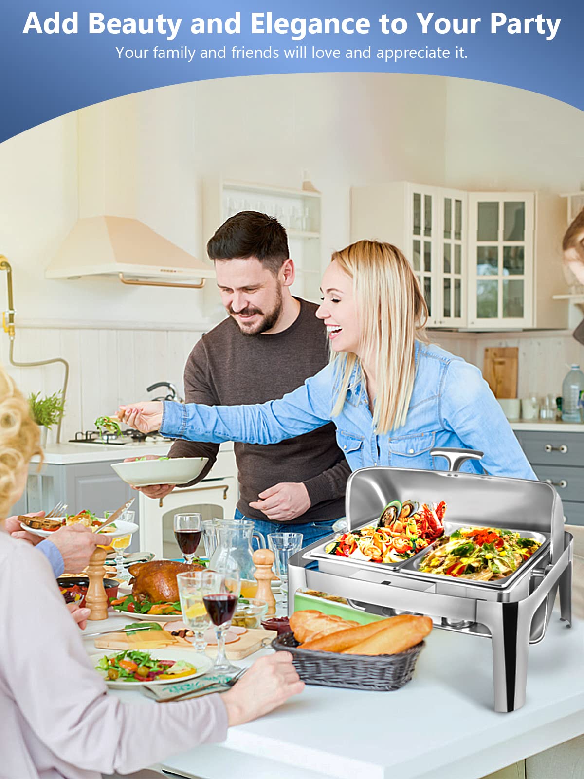 Granvell Rectangular Roll Top Chafing Dish Buffet Set, Catering Food Warmer for Parties, Wedding, Birthday, Christmas, 1 Full Size & 2 Half-Size Chafing Server Dish, 14QT Water Pan