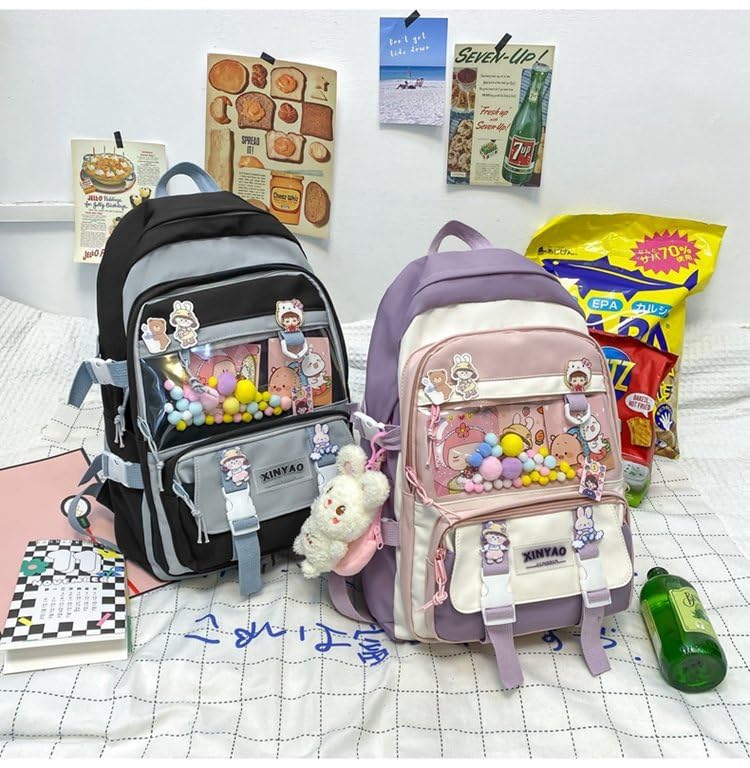 MocaDng Backpack for Girls, Kawaii Backpack Cute Aesthetic Backpack with Pin Accessories Plush Pendant, 17.7 Inch Backpack for School & Travel - Durable, Water Resistant (Black)