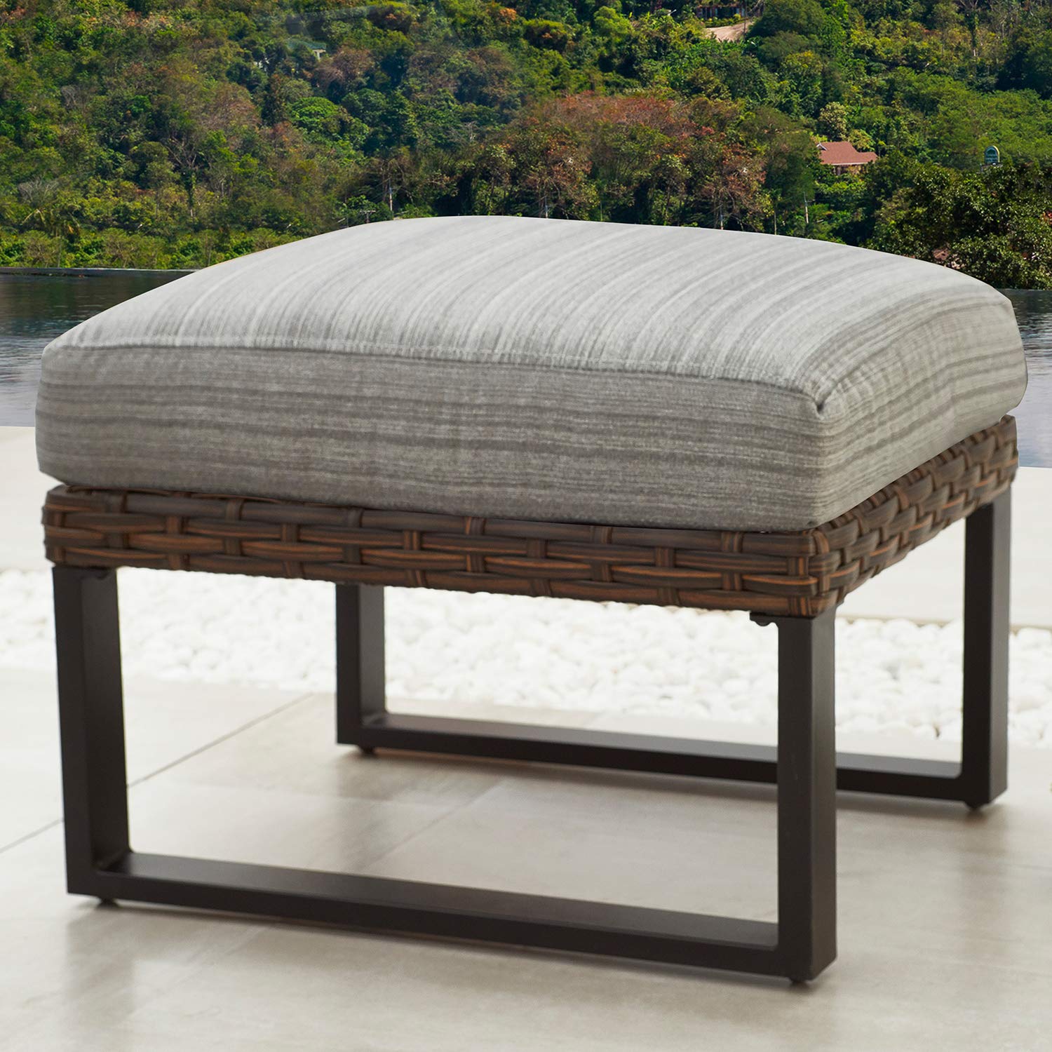 PatioFestival Patio Ottoman Outdoor Cushioned Wicker Foot Stool with All Weather Galvanized Steel (Grey, 23.6" W x 23.6" D x 13.7" H)