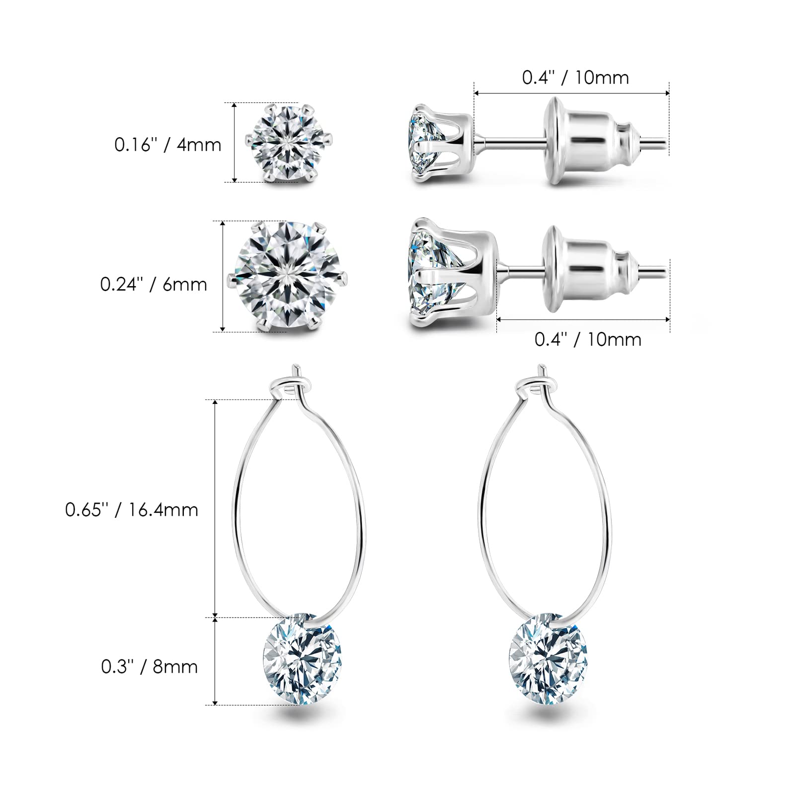 CZ Stud Hoop Earring Set: Delicate Drop Dangle Charm Hoop & Silver Cute Solitaire Round Cubic Zirconia Cartilage Stud - Simple Trendy Hypoallergenic Ear Jewelry Gift for Women (Silver)