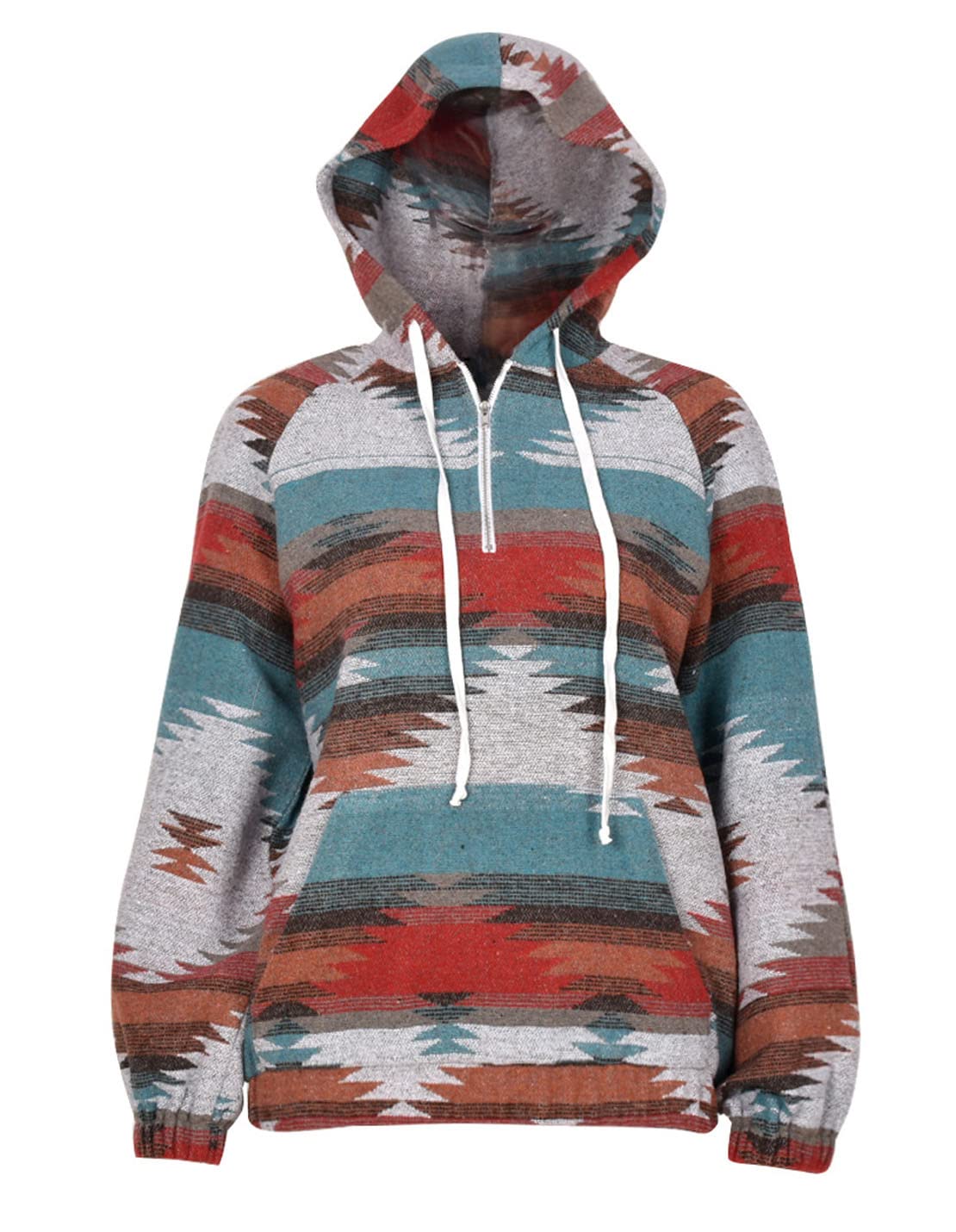 COWOKA Women's Aztec Print Pattern Western Ethnic Half Zip Long Sleeve Pullover Hoodie Sweatshirt Red L