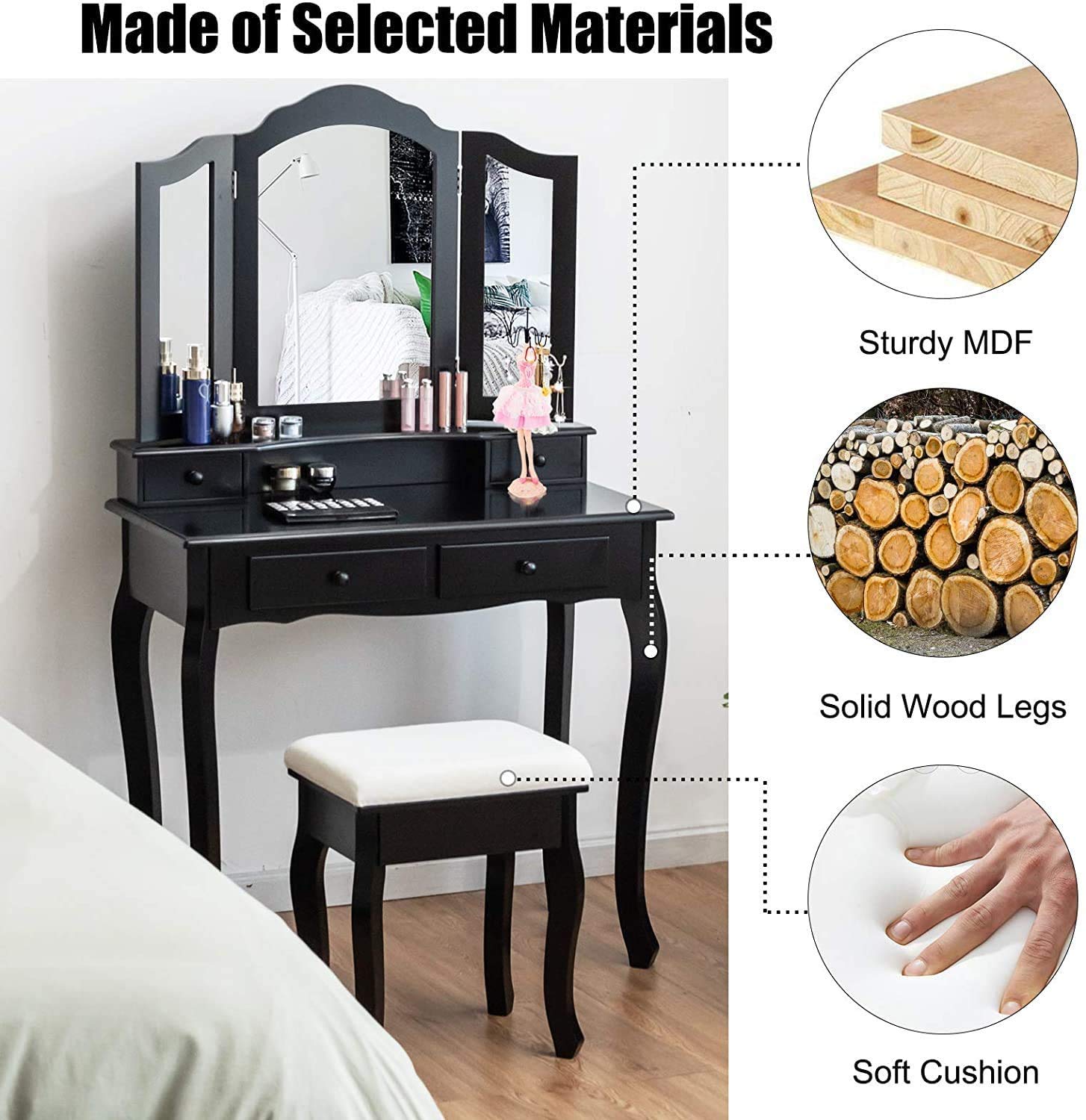 RIVALLYCOOL 2-in-1 Vanity Table Set, Multipurpose Dressing Desk Set with 4 Drawers Tri-Folding Mirror, Cushioned Stool, Wood Table with with Modern Shape, Bedroom Bathroom Makeup Table (Black)