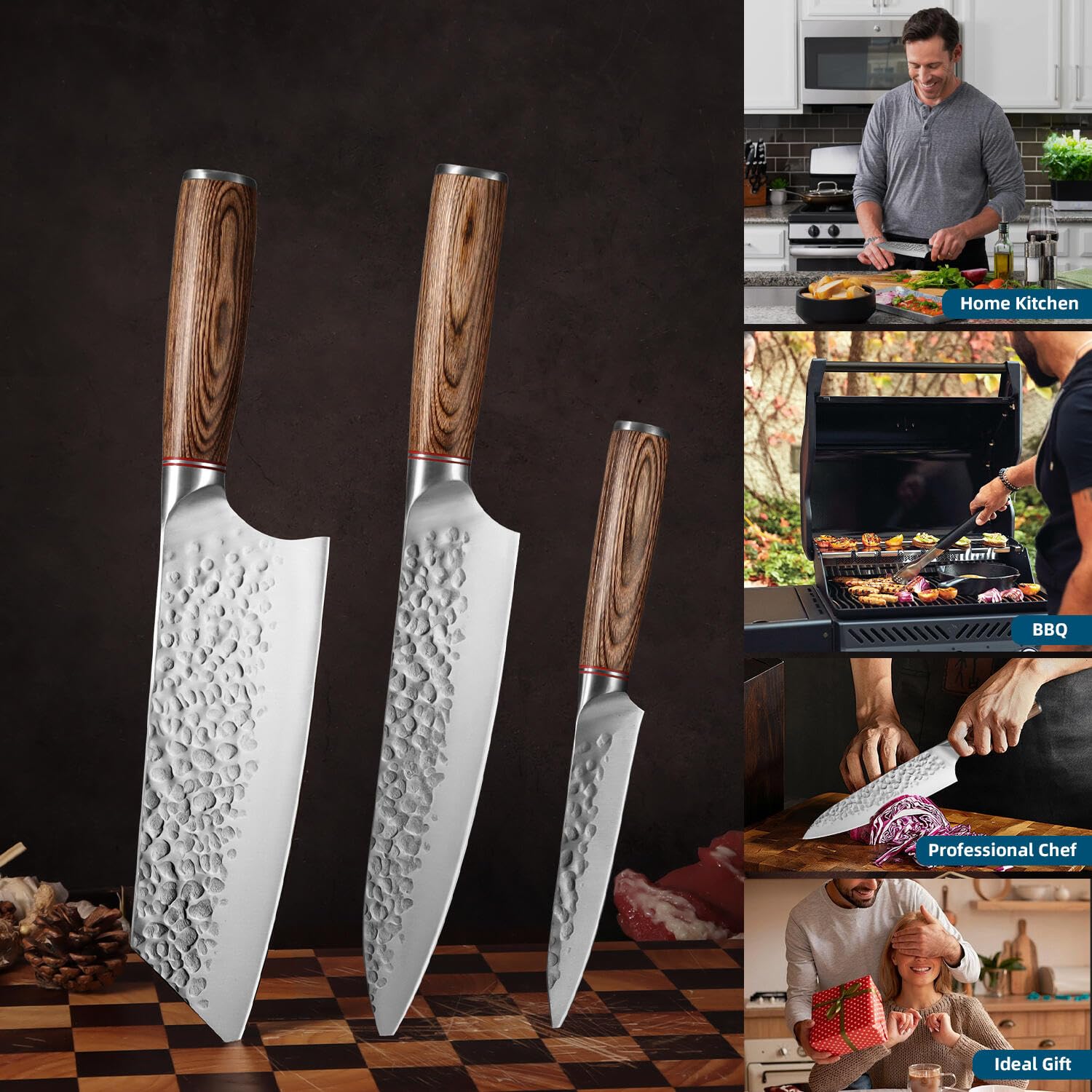KOFERY 3 Piece Professional Forged Chef Knife Set - Premium Stainless Steel, Non-Stick, Sharp Kitchen Knives for Camping, Includes Roll Bag and Sharpening Steel
