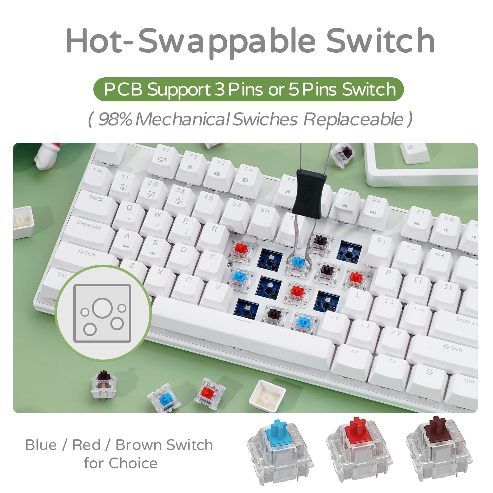 RK ROYAL KLUDGE RK87 Wireless Mechanical Keyboard, 75% TKL Hot Swappable RGB Bluetooth Gaming Keyboard Triple Mode BT5.1/2.4G/USB-C with 2 Detachable Frames, USB Hub, Silent Brown Switch, White