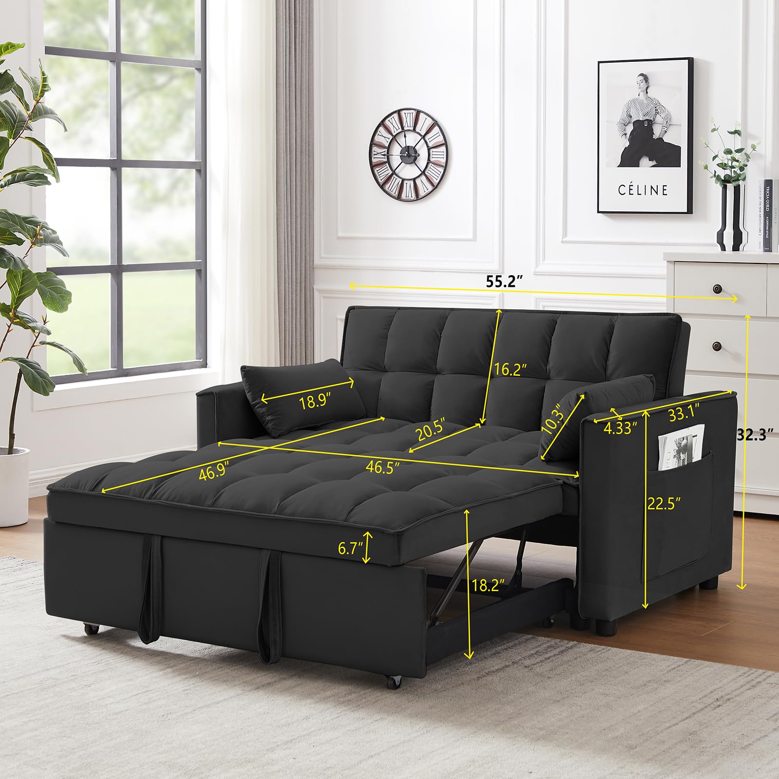 Luoyisimall Convertible Sleeper Sofa Bed,Multi Function 3 in 1 Futon Upholstered Couch w/Toss Pillows, Storage Pockets and Pull Out Bed for Living Room,Bedroom,Small Space(Velvet Black)