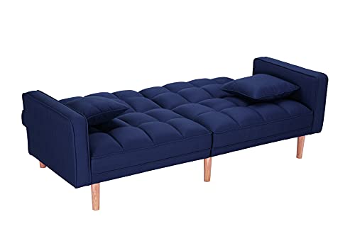 Modern Futon Sofa Bed, 75" Convertible Sleeper Sofa with Armrests and Guests w/ 2 Pillows, Recliner Couch with 5 Solid Wooden Legs, Twin Size Sofa for Living Room (Navy Blue+Fabric)