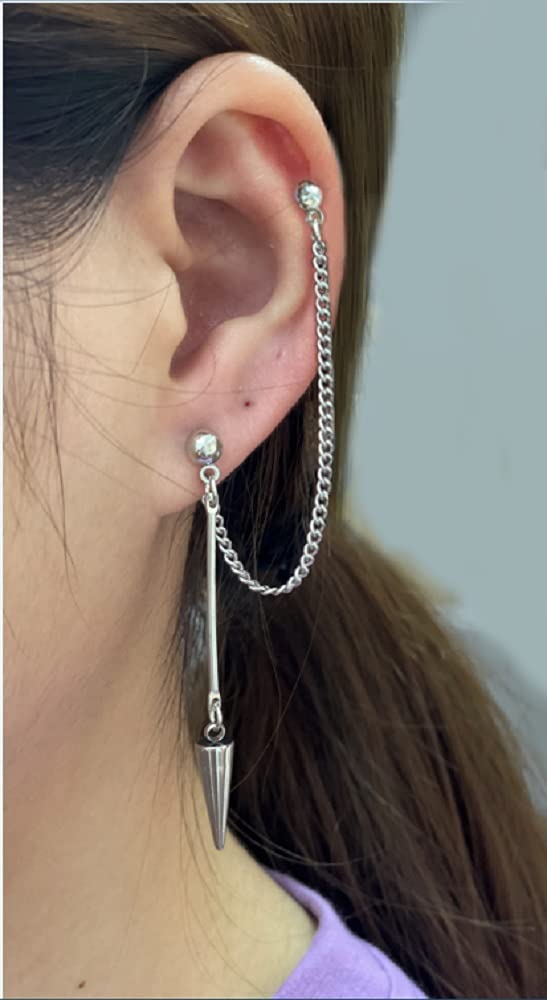 Double Ball Spike Piercing Chain Minimalist Dangle Drop Stud Cuff Earrings for Two Holes Men Women Boys 2nd Ear Cartilage Stainless Steel Fashion Punk Climber Crawler Threader Tassel Dangling Hypoallergenic Gifts for Birthday Bff