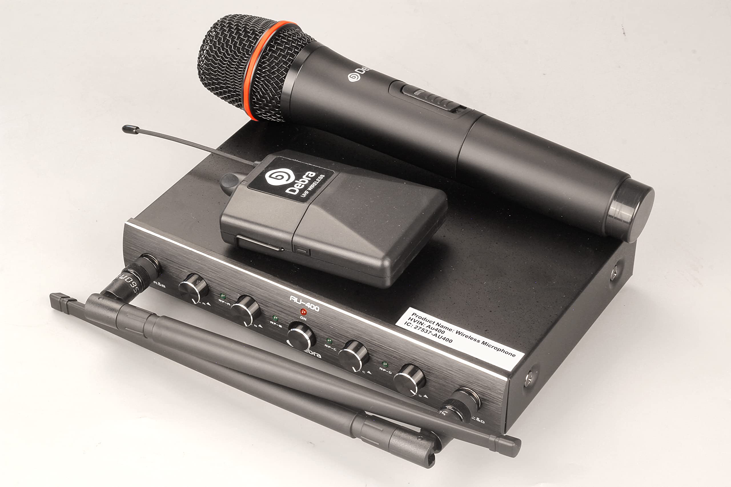 D Debra Audio Wireless Microphone System Pro DU4004 UHF 4 * 16 Adjustable Channel Wireless Handheld Lavalier Headset Mics, Ideal for Meeting Church Speech Party (2-Handheld & 2-Bodypack)
