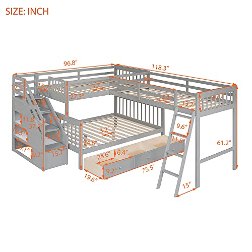 Modern L-Shaped Solid Wood Triple Bed, Twin over Full Bunk Bed with Storage Staircase and 3 Drawers, Loft Bed Frame with Ladder and Safety Guardrail for Aldults Teens Kids, Maximized Space (Grey)