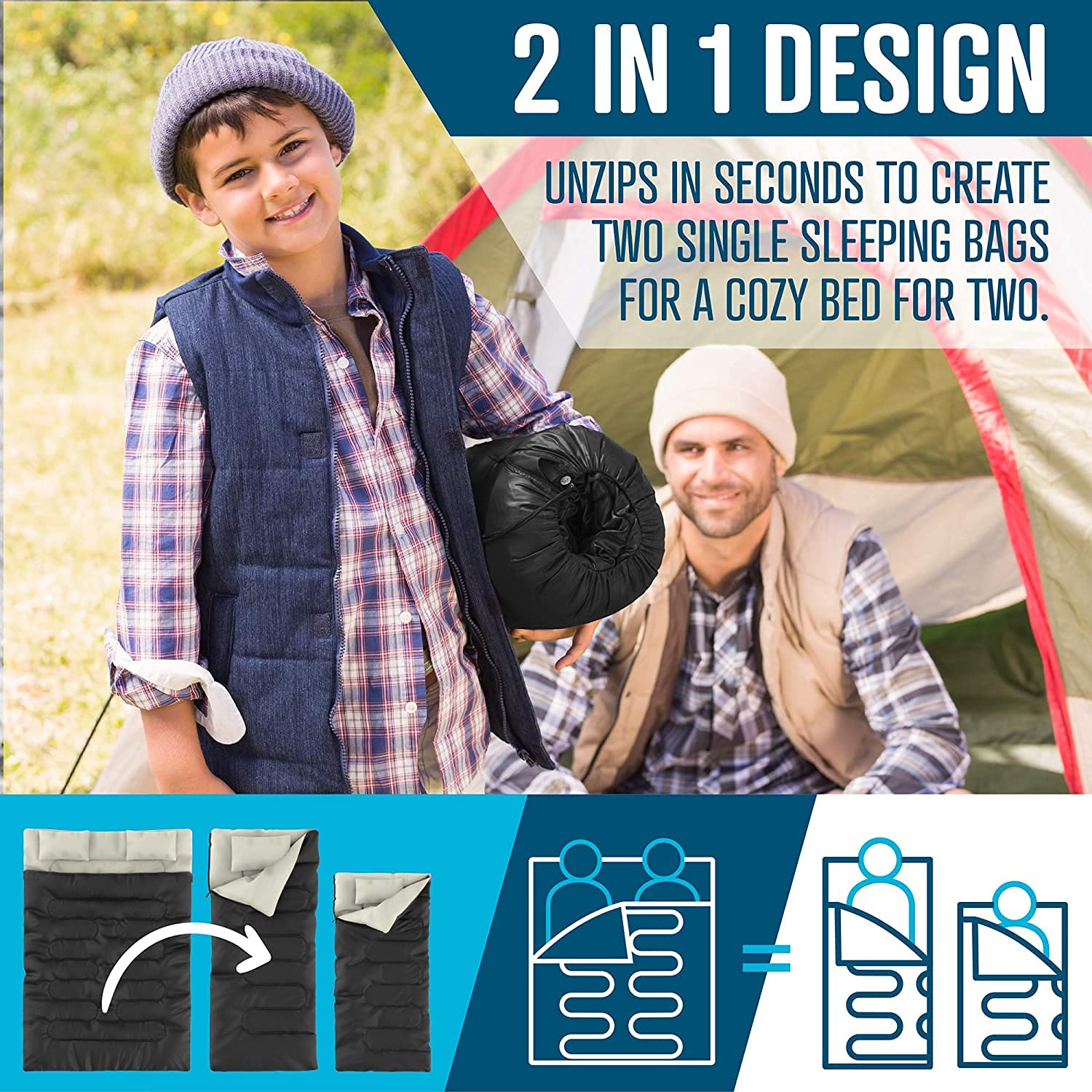 Double Camping Sleeping Bag with 2 Pillows by Zone Tech and Zone Tech Comfortable Outdoor Camping Cot Pads Mattress
