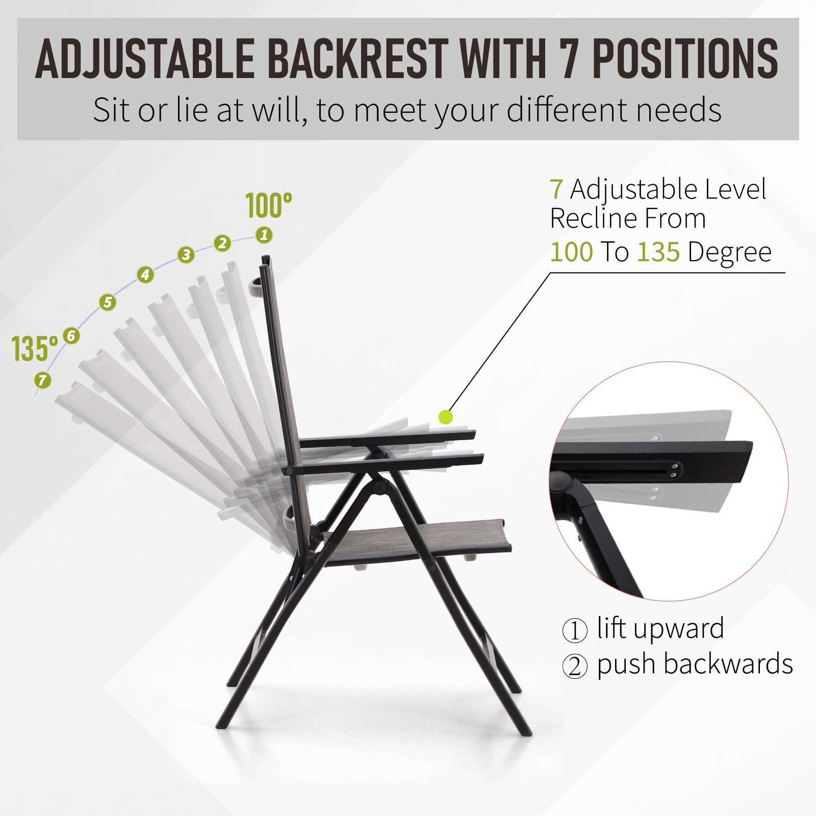 PHI VILLA Patio Dining Chairs Set of 2, Portable Outdoor Dining Chairs Padded Folding Patio Chairs Aluminum with Adjustable High Backrest for Terrace, Porch, Poolside, Yard