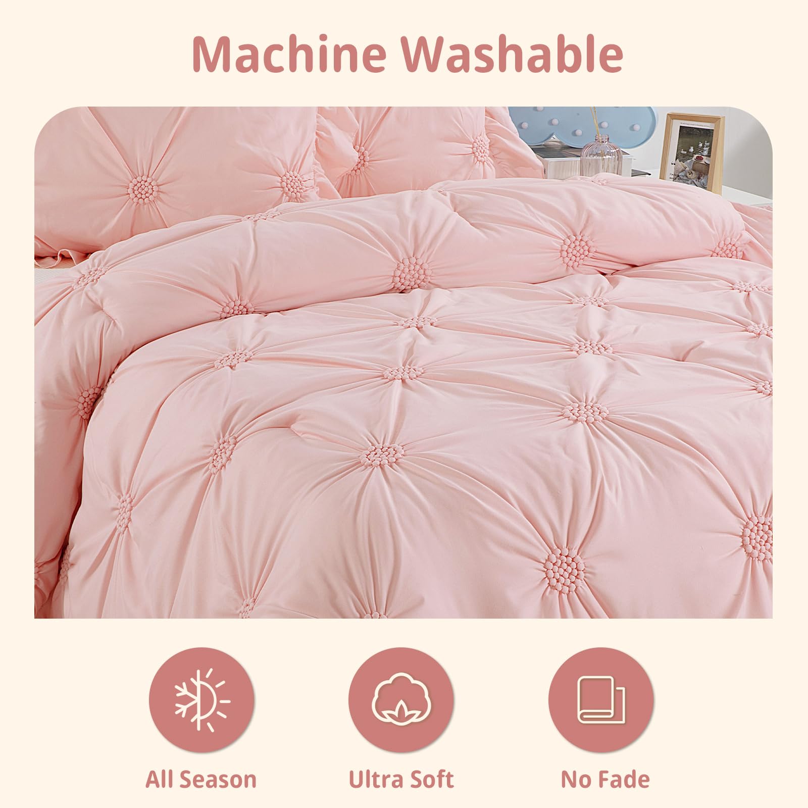 HOMBYS Pink Bedding Comforter Set for Girls, 3 Piece Blush Pinch Pleat Comforter Set with Ruffles for All Season,Twin Size