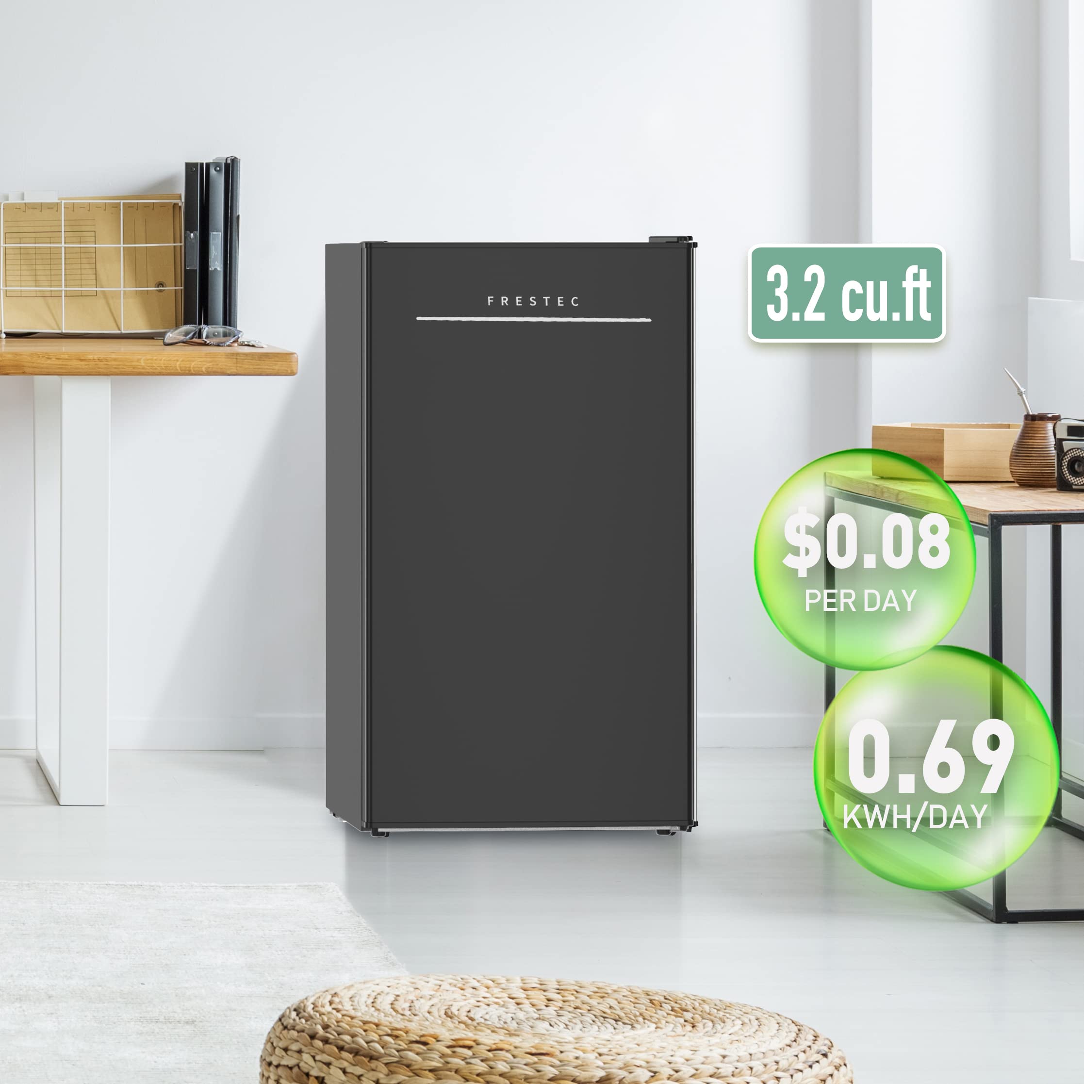 Frestec 3.2 Cu.Ft. Small Refrigerator with Freezer, Mini Fridge for Bedroom, Mini Dorm Refrigerator, One-Touch Defrosting System, Energy Saving, for Office, Home, Apartment (Black)