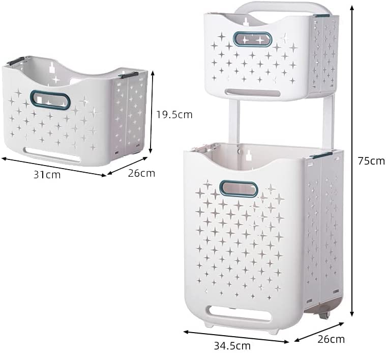 Laundry Baskets on Wheels, Laundry Trolley, Laundry Collector with 2 Layers, 2 Storage Baskets, Laundry Sorter for Bedroom, Bathroom for Clothes and Toys, Total 77L, Plastic, 75x34.5x26cm (New)