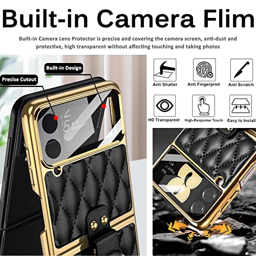 Miimall for Samsung Galaxy Z Flip 4 Leather Case with Ring Holder Stand, Luxury Rhomboid Leather Back Cover Electroplating Frame with Camera Lens Protector Case for Galaxy Z Flip 4 2022(Black)