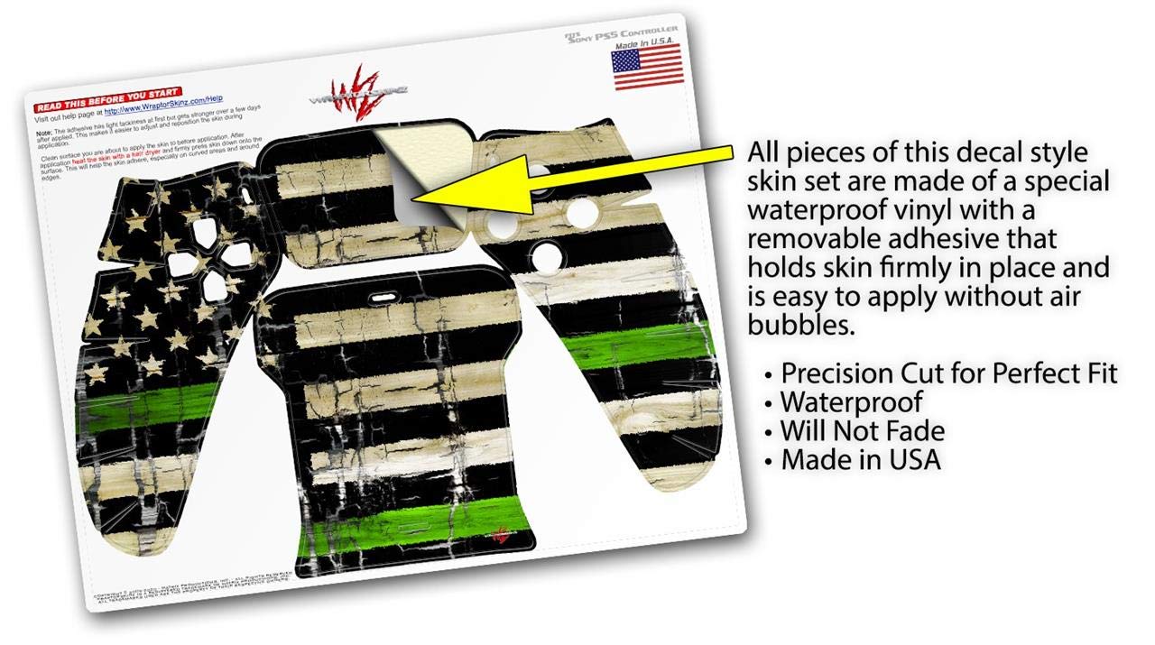 WraptorSkinz Skin Wrap compatible with Sony PS5 DualSense Controller Painted Faded and Cracked Green Line USA American Flag (CONTROLLER NOT INCLUDED)