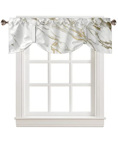 Tie Up Valance for Kitchen Windows,Abstract White Marble Gold Inlay Adjustable Valances Rod Pocket Short Curtain,Modern Simple Geometric Tie Up Curtains Valance for Bedroom Bathroom 60x18in