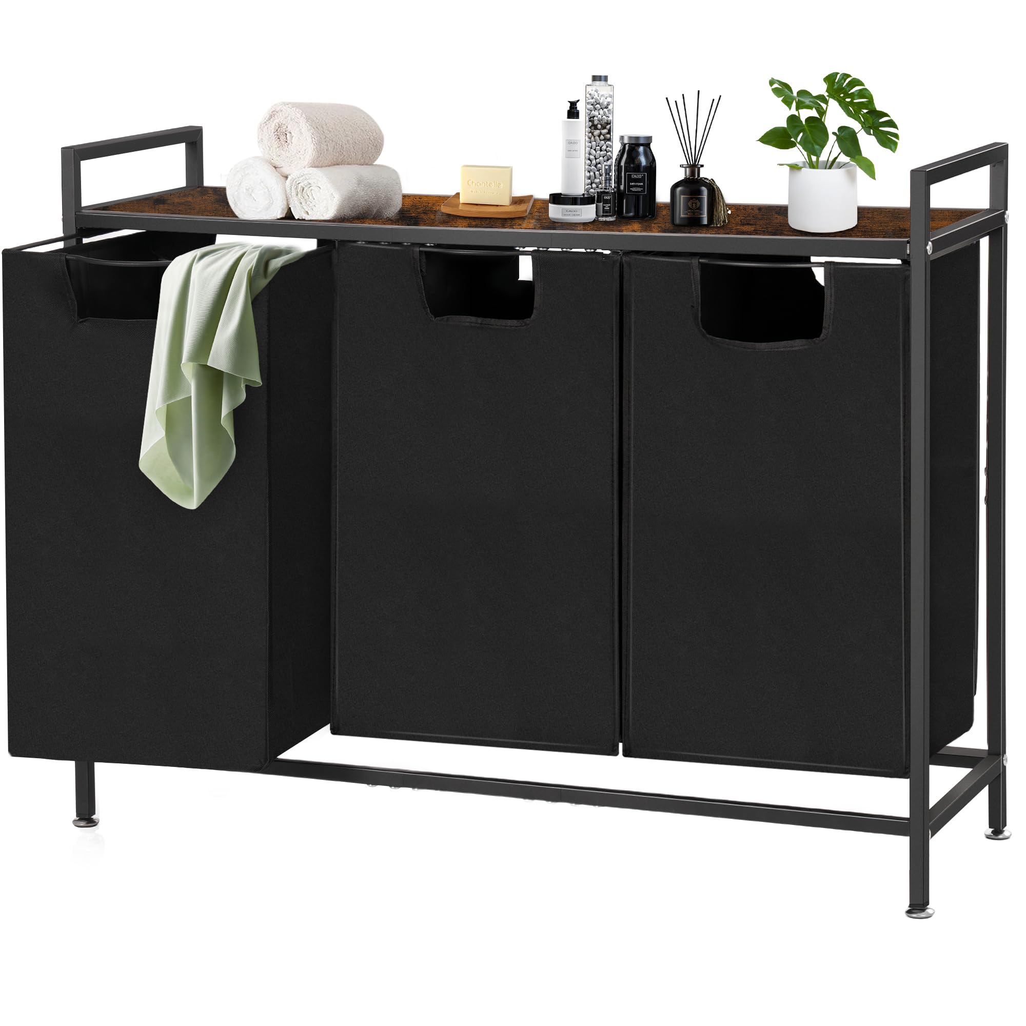 Rengue Laundry Hamper Laundry Basket Laundry Sorter with 3 Pull-Out Removable Bags Clothes Hamper for Laundry Storage Organization with Wood Table Top 3 X 12 Gal/45L