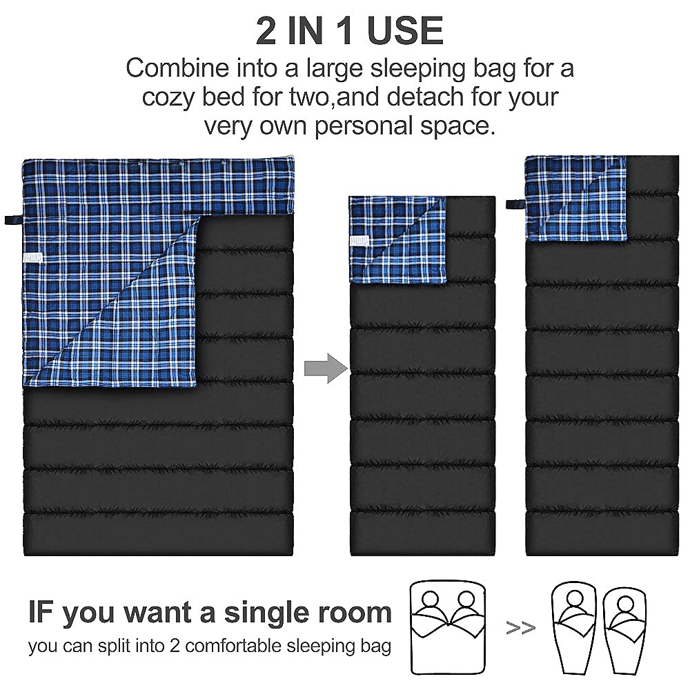 Double Sleeping Bags for Adults Waterproof Couple Two 2 Person Sleeping Bags for Camping Backpacking Hiking with 2 Pillows & Compression Sack Lightweight 3 Seasons Queen Size with Flannel Liner