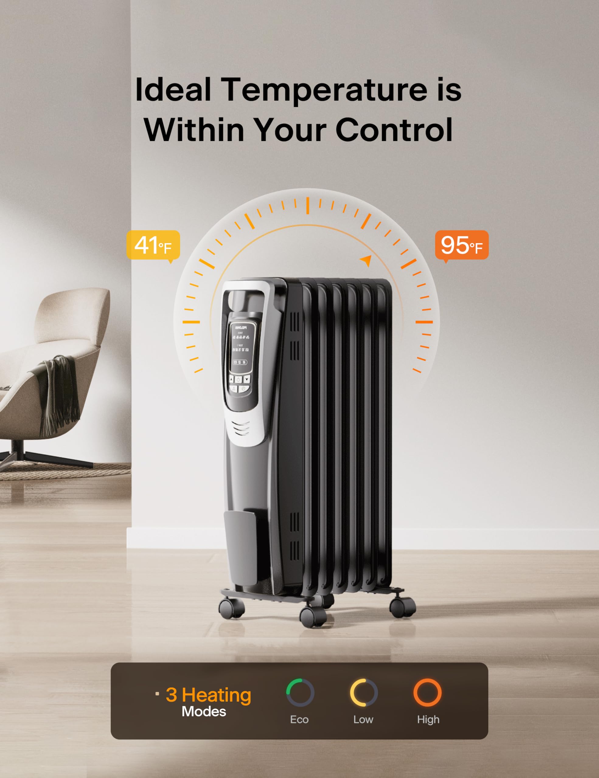 PELONIS Radiator Heater for indoor use Large Room with Remote, Thermostat & LED Display, Quiet Oil Filled Heater with 5 Temperature Settings, Overheat & Tip-Over Protection, Silver