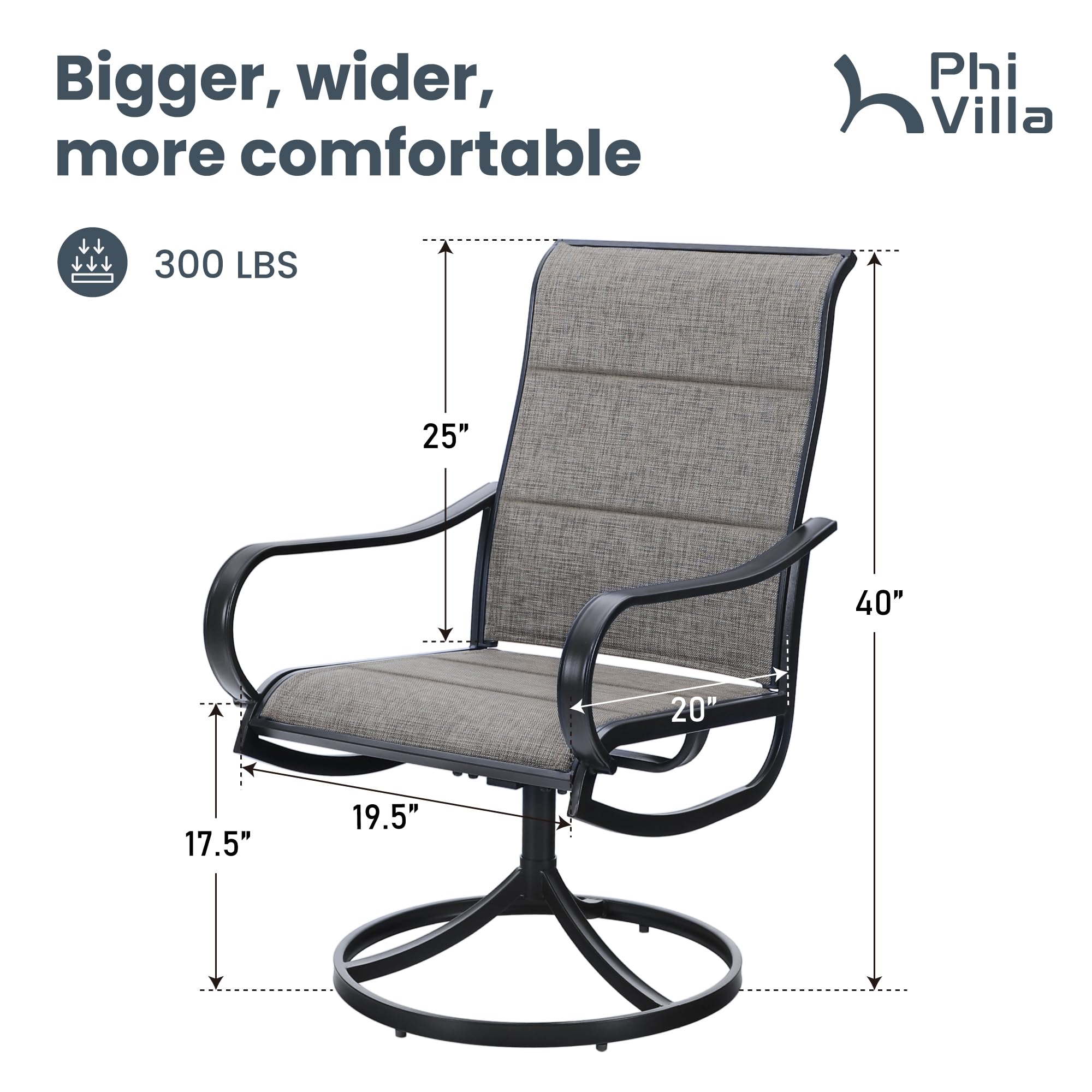 PHI VILLA Swivel Outdoor Chairs Set of 4, All Weather Mesh Fabric Patio Dining Chair with Padded Textilene & E-Coating Metal Frame for Deck Lawn Garden
