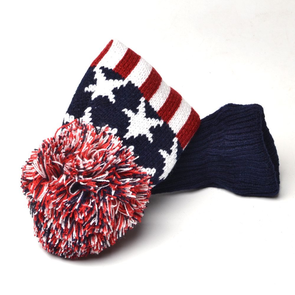 COOLSKY Golf USA Star Stripes Knit 3pcs Headcover Set Vintange Pom Pom Sock Covers 1-3-5