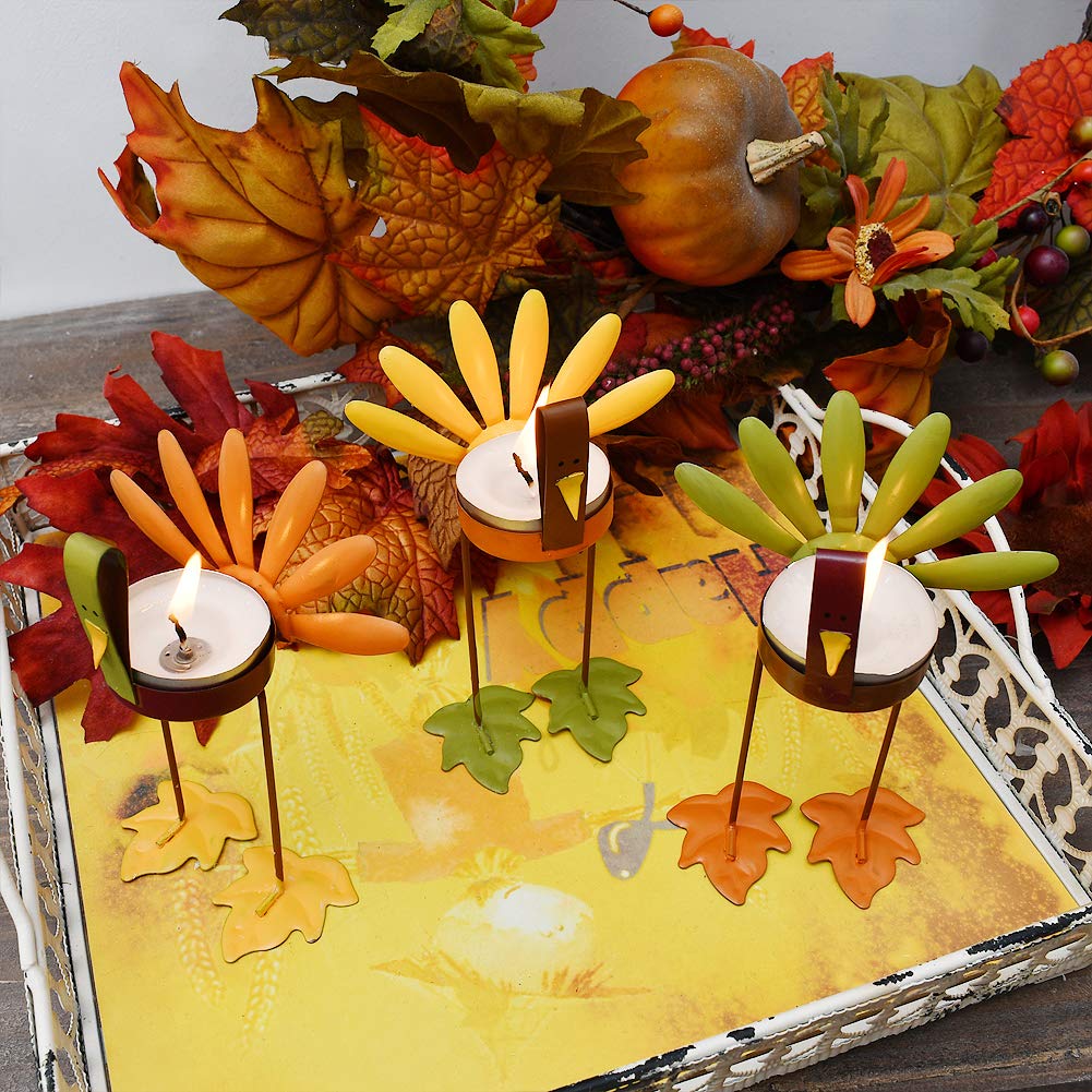 Decorative Candle Holder Thanksgiving Turkey Decorations Set of 3, Metal Turkey Home Decor Accent Rustic Tealight Candle Holder Centerpiece for Dining Room Table, Coffee Table Decor