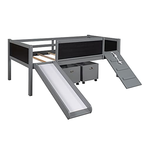 Low Loft Bed with Slide, Twin Loft Bed with Storage Boxes, Wood Twin Low Loft Bed Frame with Climbing Ladder and Chalk Board for Kids Boys Girls Teens, Grey