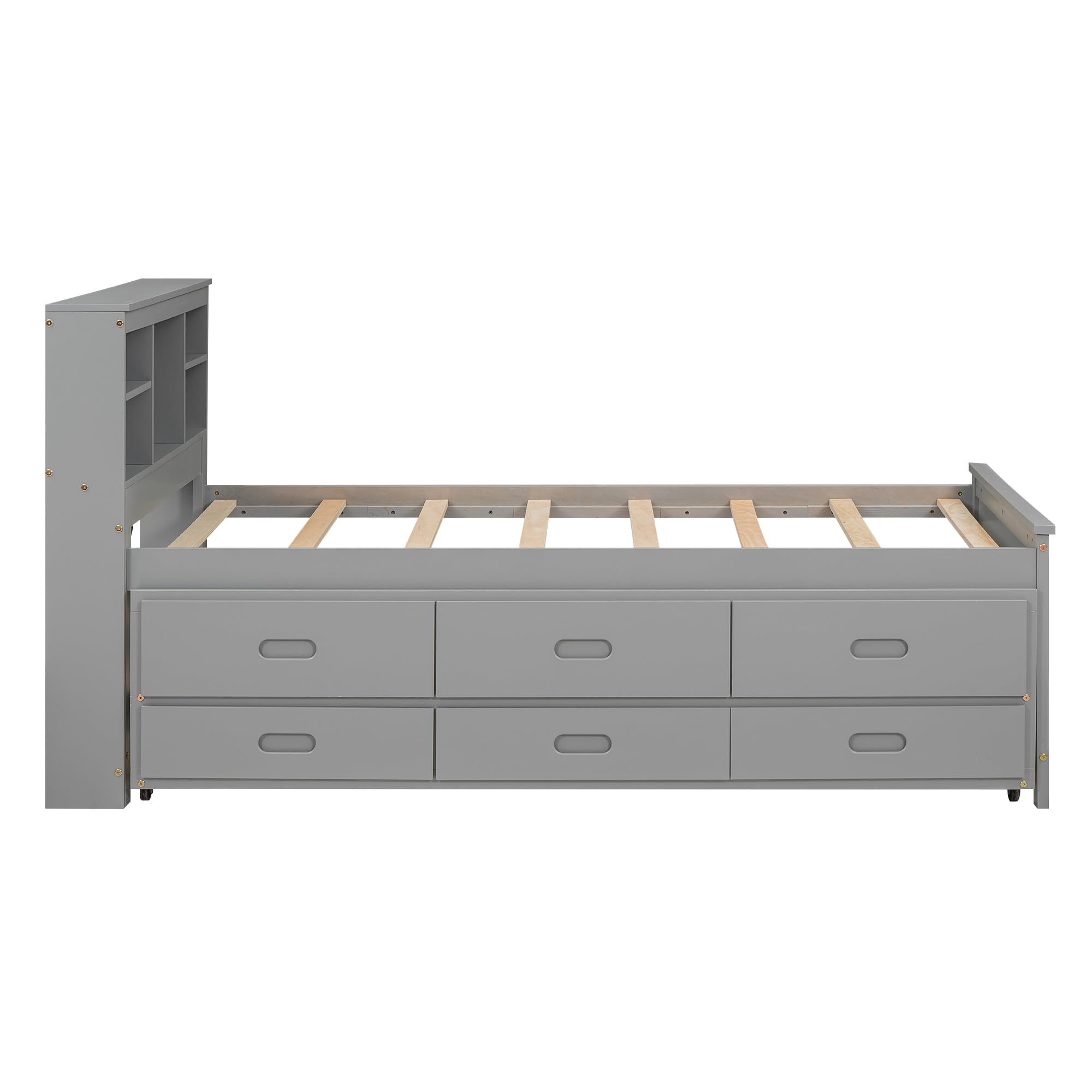 LUSPAZ Full Size Platform Bed Frame with Storage Headboard, USB Charging Station, Twin Size Trundle and 3 Drawers for Bedroom and Apartment, Wood Bed Frame, No Box Spring Required,Easy Assembly,Gray