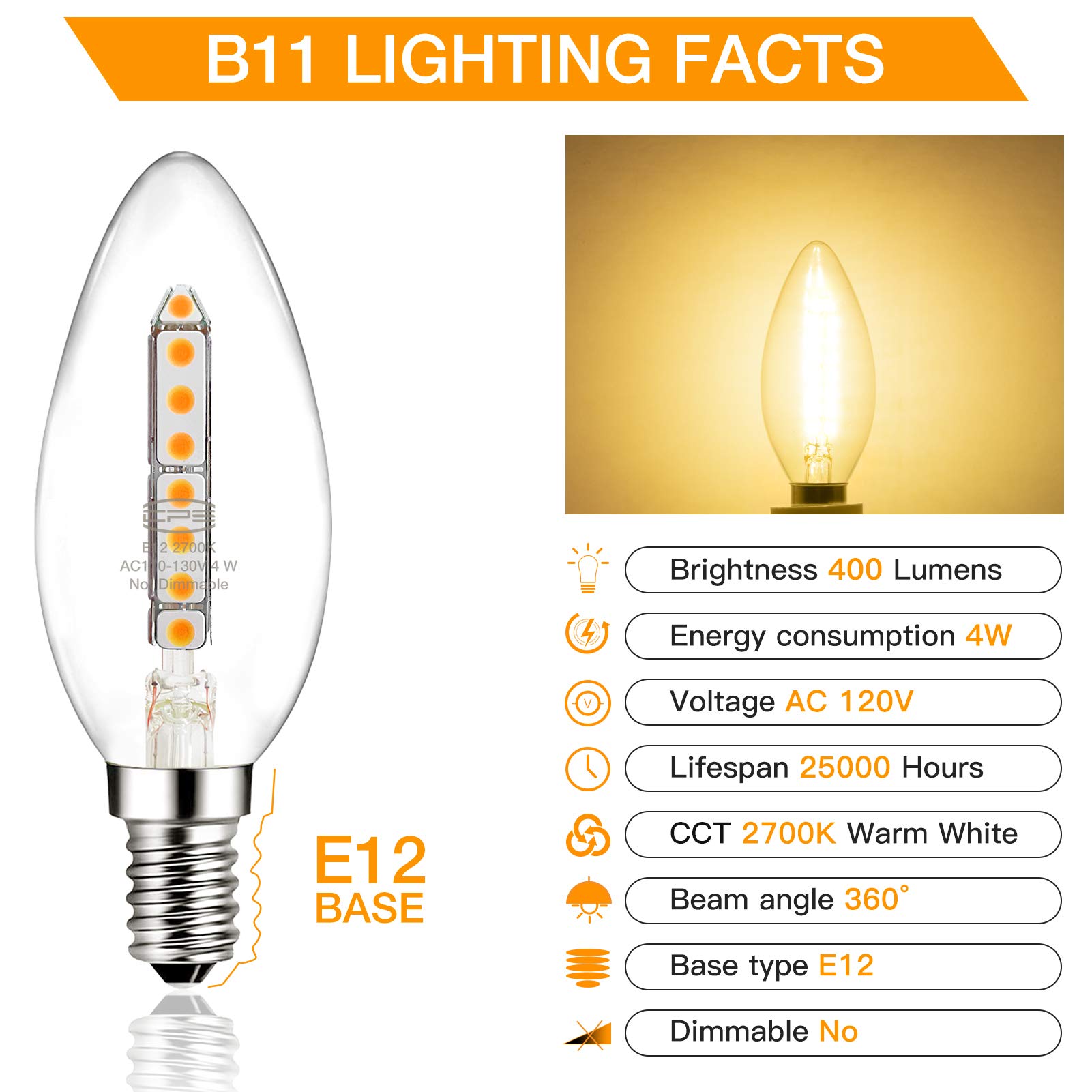 CP3 E12 LED Candelabra Light Bulb 40W Equivalent, Non-Dimmable 4W 400LM Candle Light Bulb 360 Degree Lighting Chandelier Light Bulbs with Decorative Candle Base, Clear Glass, 2700K Warm White, 6 Pack