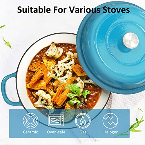 Enamel Cast Iron Casserole Dish with Lid --CSK Cast Iron Braiser Pan with Porcelain Coating, 4 QT Enameled Cast Iron, Steel Knob Cover & Double Loop Handles, Cast Iron Casserole Dish, Card Blue.