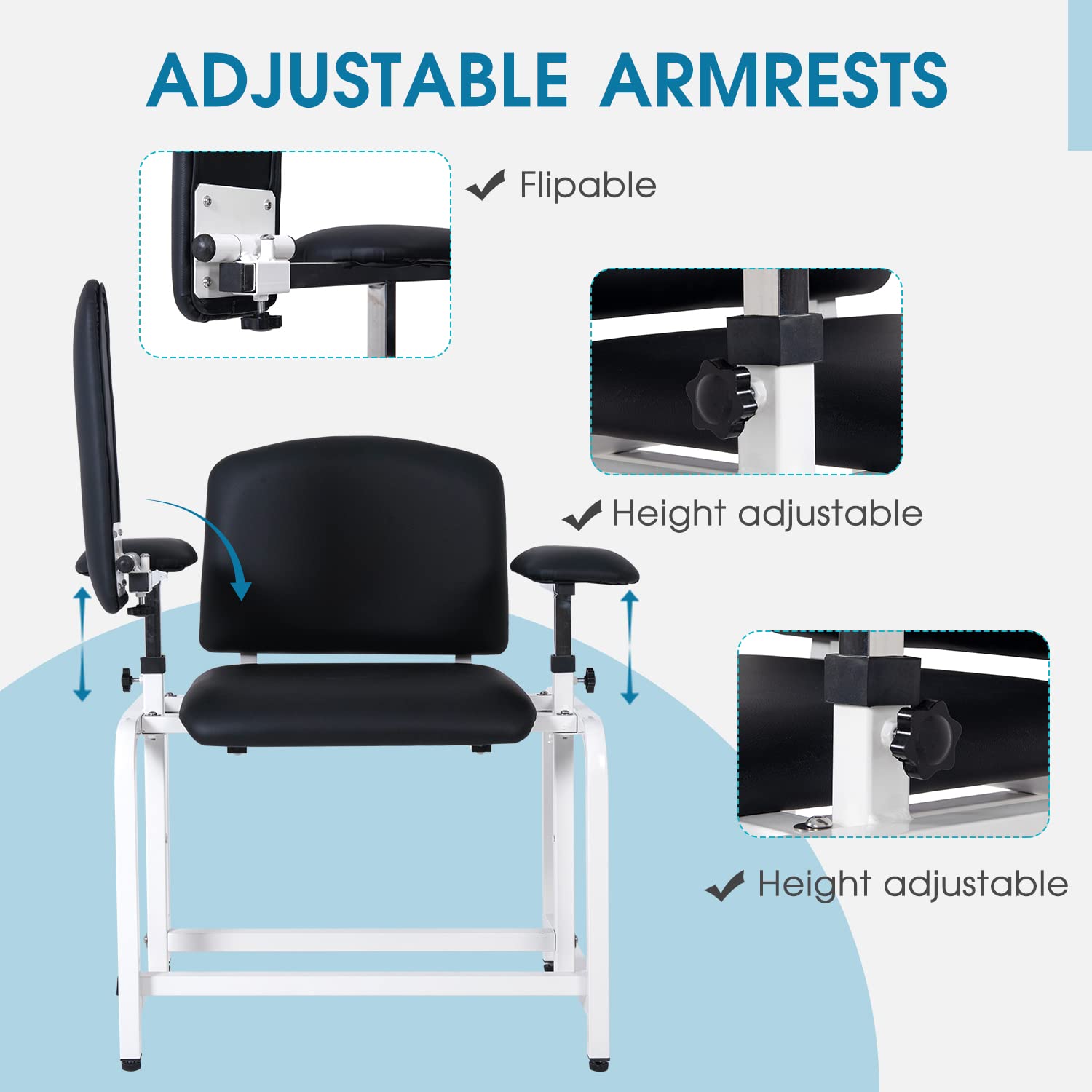 COOLWAVE Comfortable Padded Phlebotomy Chair with Arms, Blood Drawing Chair with Adjustable Armrest, Lab Chair for Drawing Blood (Black) (Left)