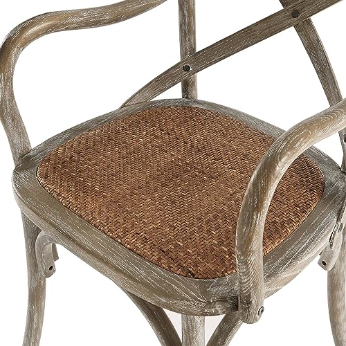 Modway Gear Rustic Modern Farmhouse Elm Wood Rattan Two Dining Armchairs in Gray
