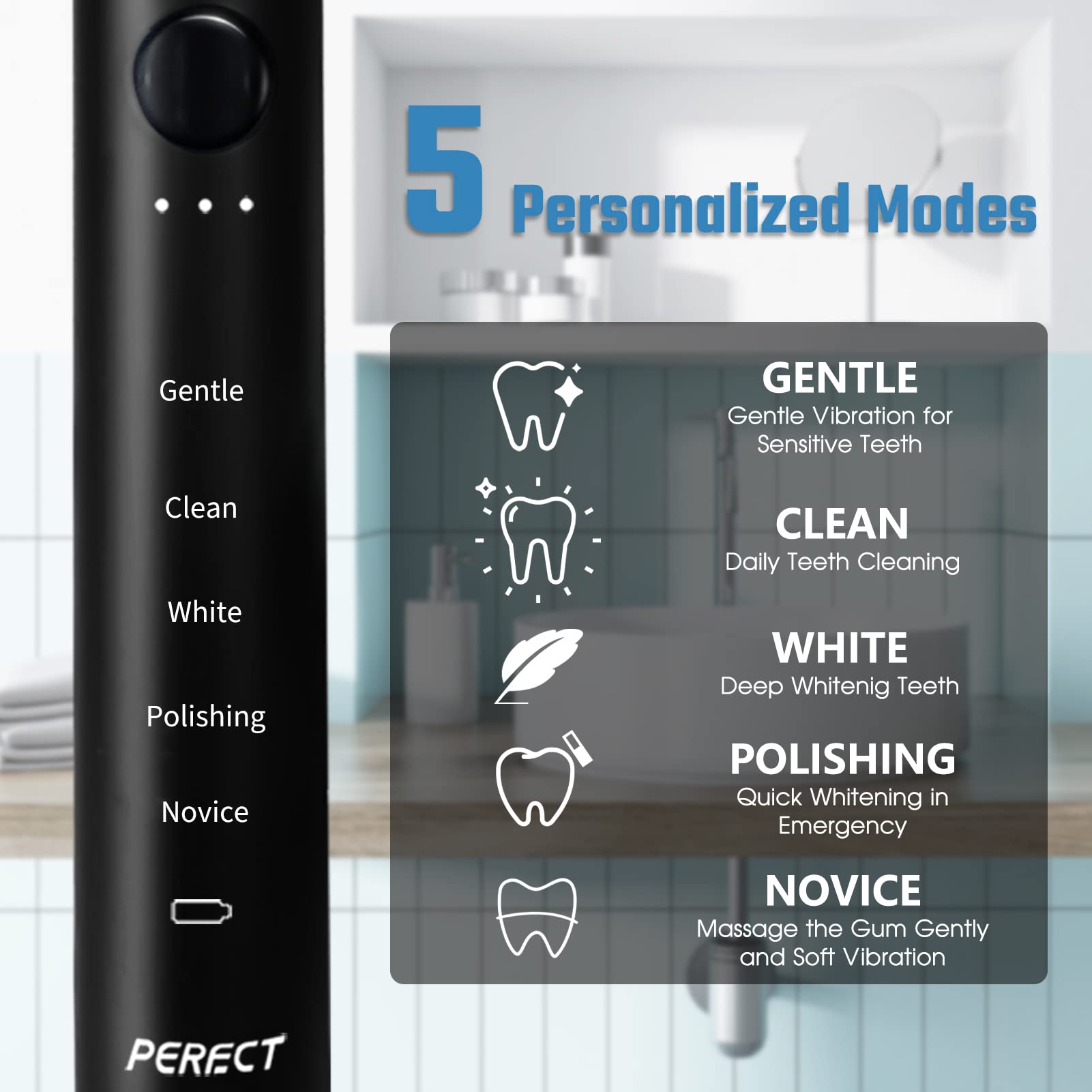 PERECT Sonic Electric Toothbrush for Adults, Rechargeable Sonic Electric Toothbrush with 6 Brush Heads, 1 Charge for 90 Days,IPX7 Waterproof 5 Modes 3 Intensities, Smart Timer, Black