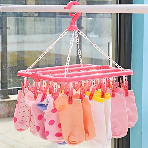 Nannigr Clothes Drying Rack, Underwear Drying Rack Folding with 32 Clips for Laundry(Pink)