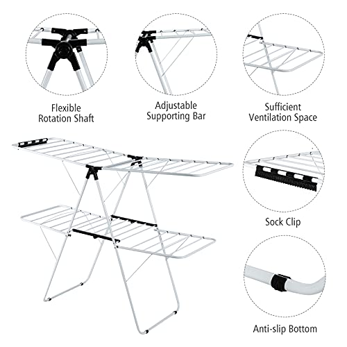 Nightcore 2-Layer Clothes Drying Rack, Aluminum Drying Rack with Adjustable Height, No Assembly Need, Compact Foldaway Gullwing Laundry Rack for Indoor Outdoor