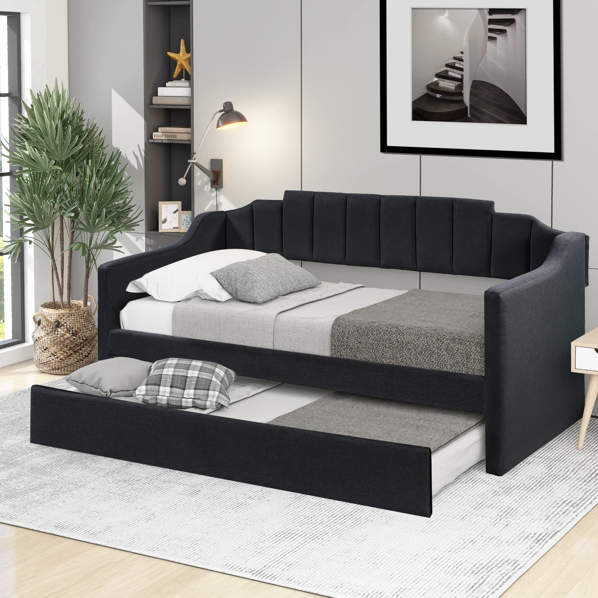 LUSPAZ Twin Size Upholstered Daybed with Wheeled Trundle and Curved Back Design, Multifunctional Modern Corner Sofa Bed Frame, Easy Assembly, No Box Spring Required, for Living Room or Bedroom, Black