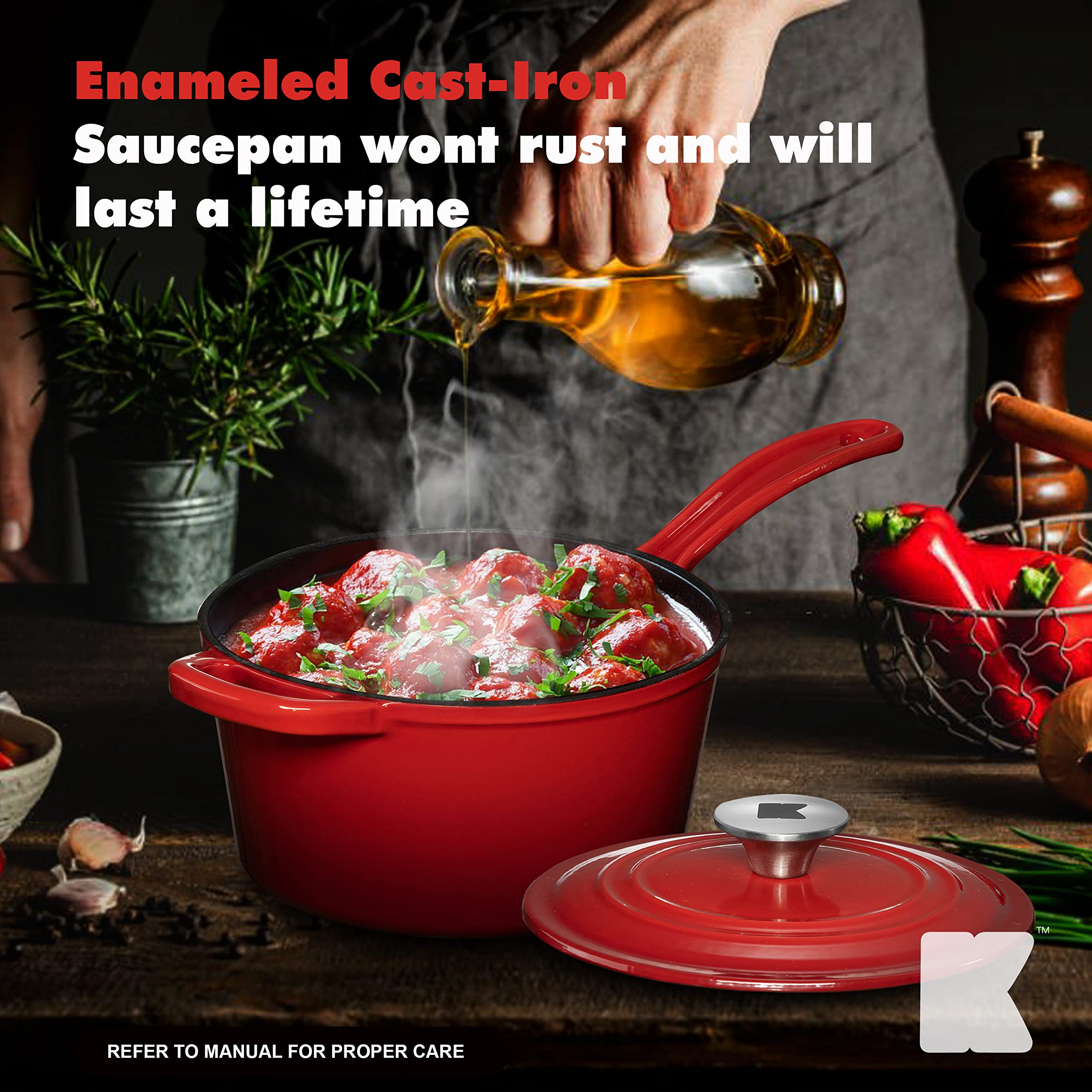 Enameled Cast Iron Saucepan Set for Professional & Home Use - 2.4 Quart - Heavy Duty Non-Stick Saucepan with Lid for Induction Gas Stoves & All Cooktops (Red)