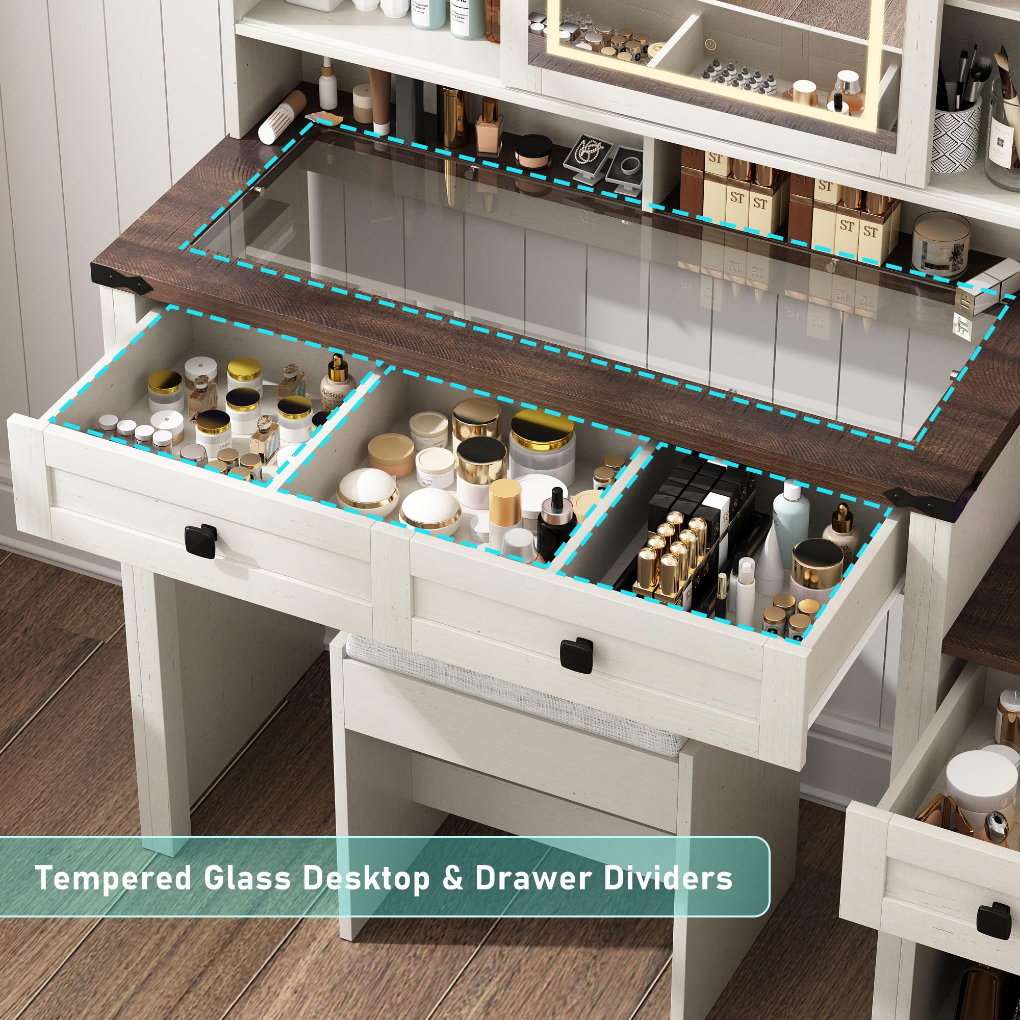 jiteentarou Farmhouse 47.2" Makeup Vanity Desk with Sliding Mirror and Lights, Vanity Set with Stool & Charging Station, 3 Colors Lights, Glass Desktop, Ample Storage, Brown