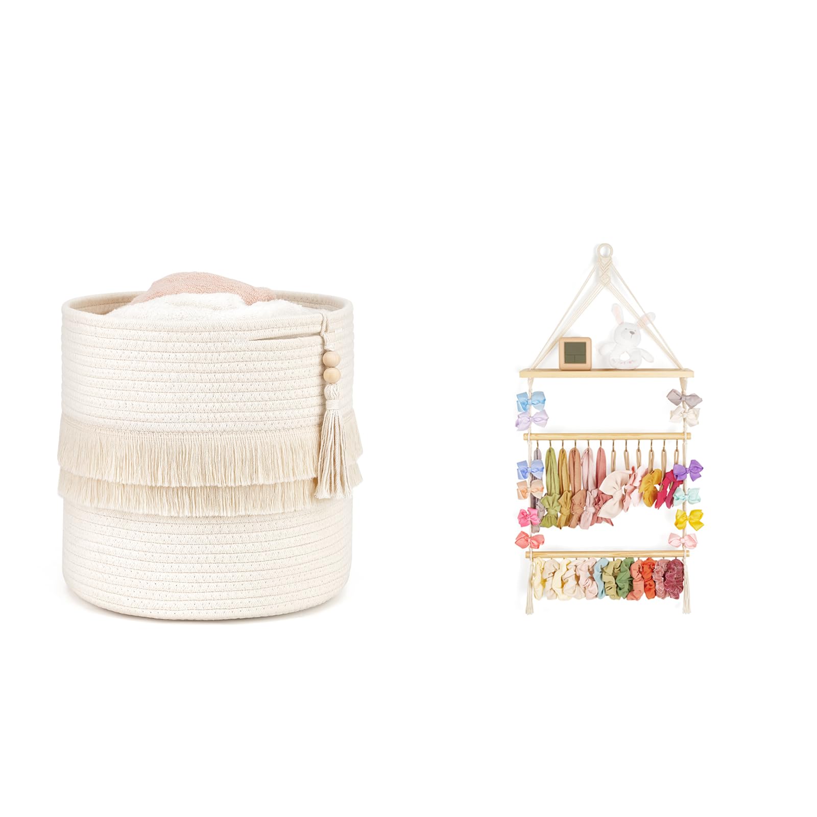 Dahey Macrame Decorative Storage Basket and Headband Holder Bow Organizer for Girls Hair Bows with Wood Shelf, Boho Nursery Decor for Living Room,Bedroom